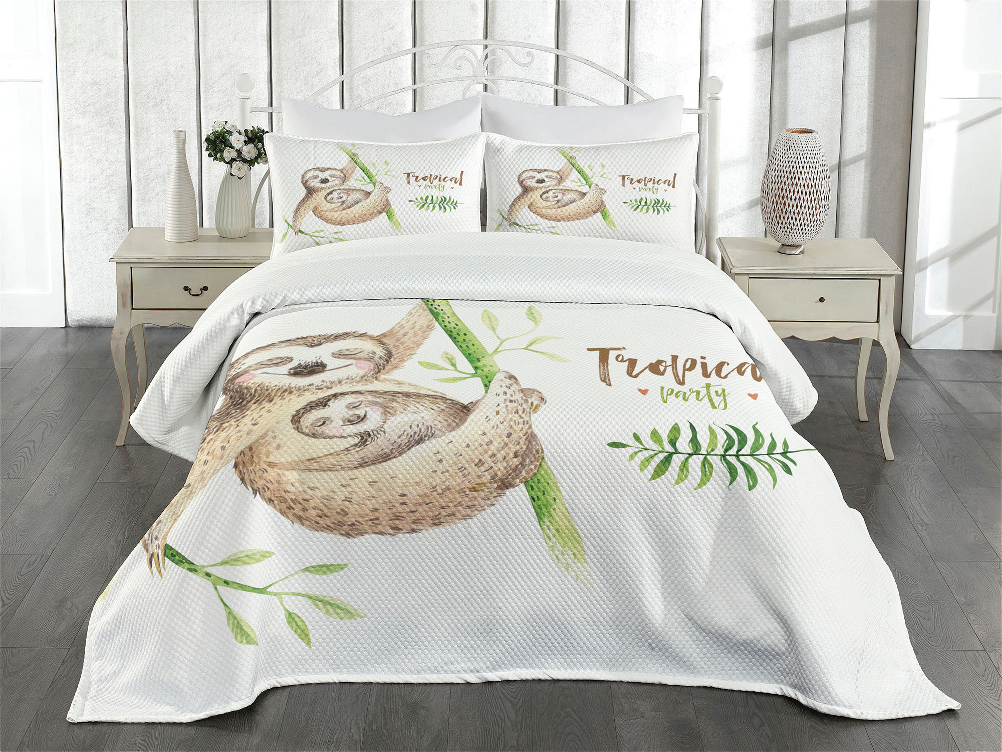 Ambesonne Sloth Bedspread Set Happy Family Boho Style Pale Brown Green ...