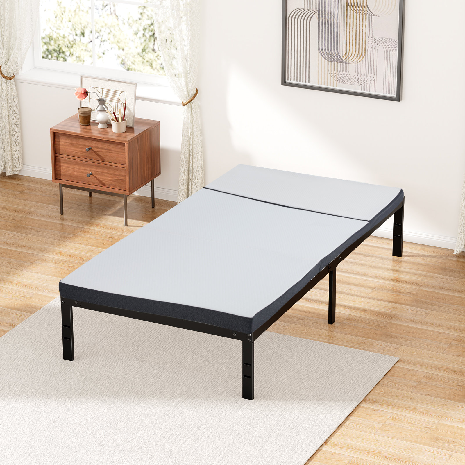 Alwyn Home Lutherville Twin Metal Bed Frame With 3inch 3-Folding ...