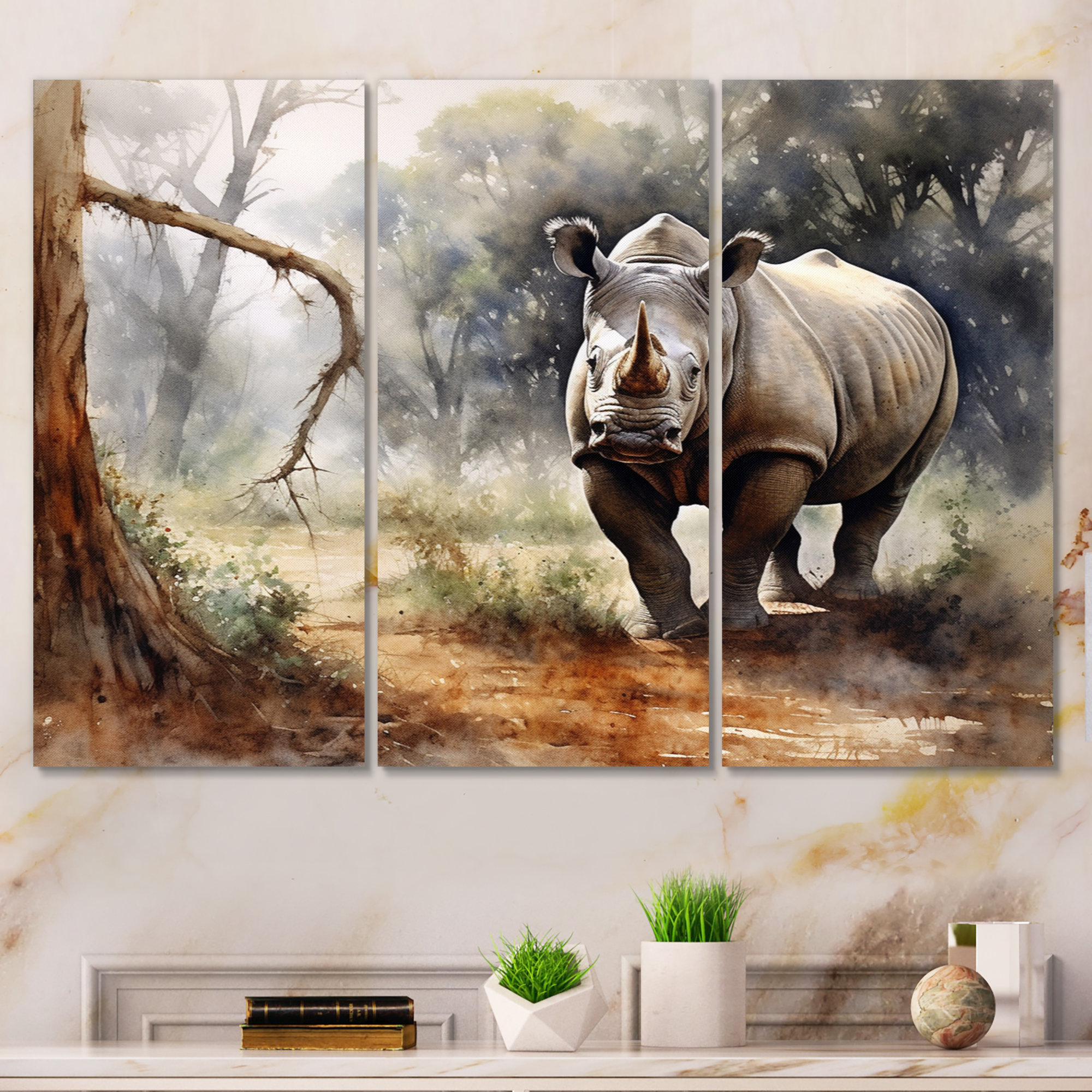 Design Art Wild Rhinoceros III - Rhinoceros Metal Wall Art Living Room ...
