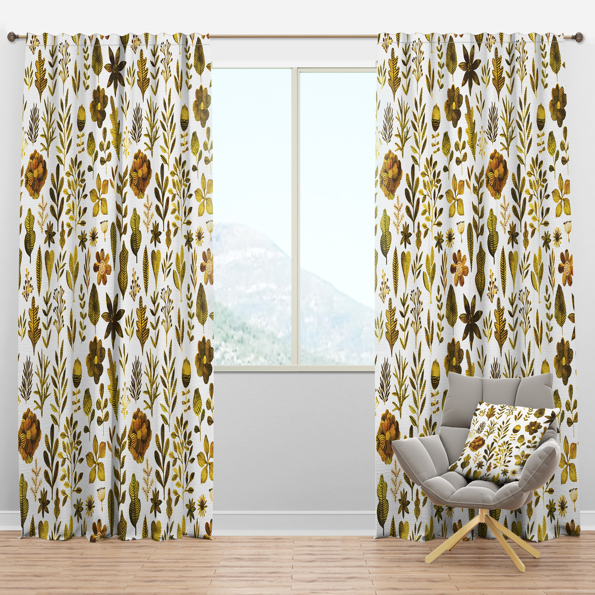 Design Art Watercolor Texture with Flowers & Plants - Modern Curtain ...