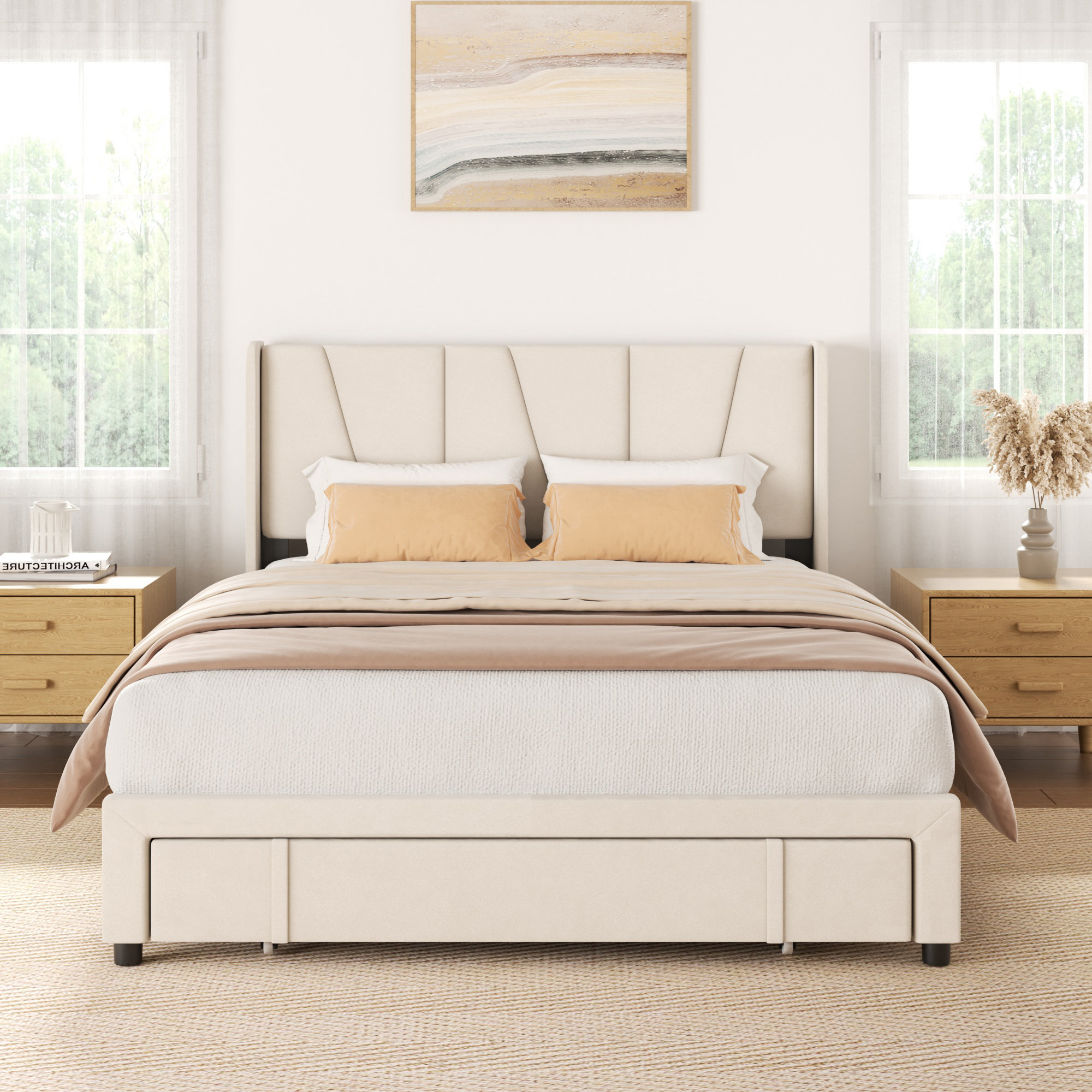 Mercer41 Velvet Upholstery Platform Bed Frame with Wingback Headboard ...