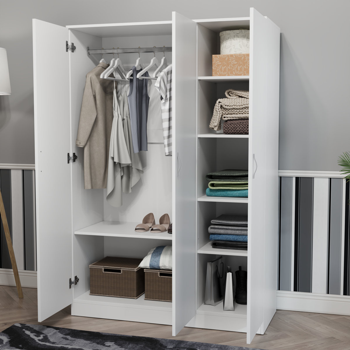 17 Stories Maybery 3 Door Wardrobe, With Shelf & Hanging Rail Bedroom ...