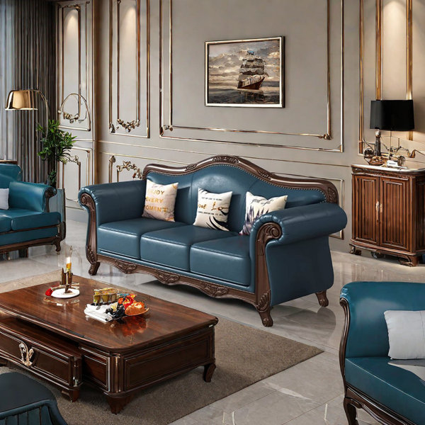 Romero American Country Retro Wood Leather Sofa 80.7'' Genuine Leather ...