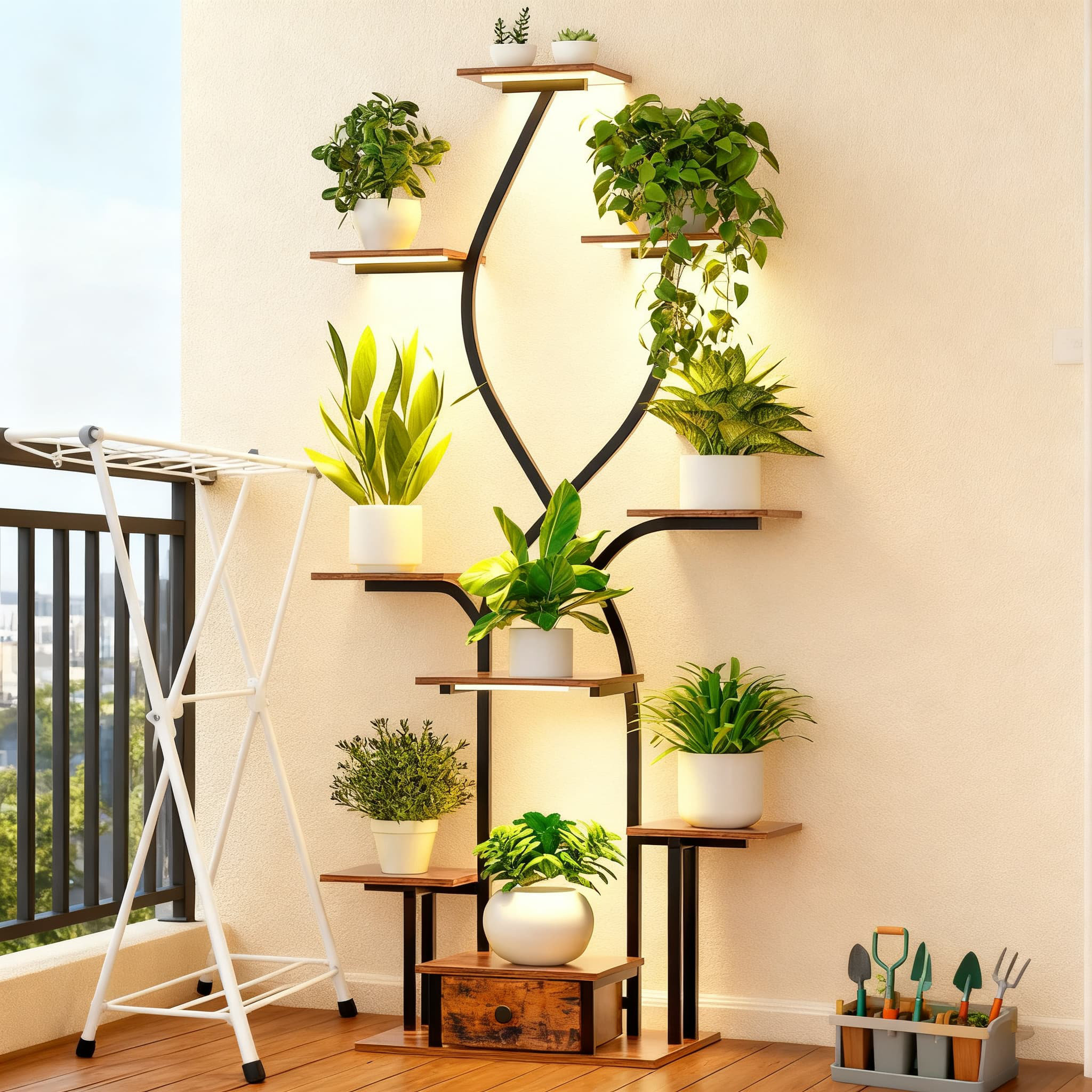 Orren Ellis 9-Tier Indoor Plant Stand With Grow Lights, 63-Inch Tall ...