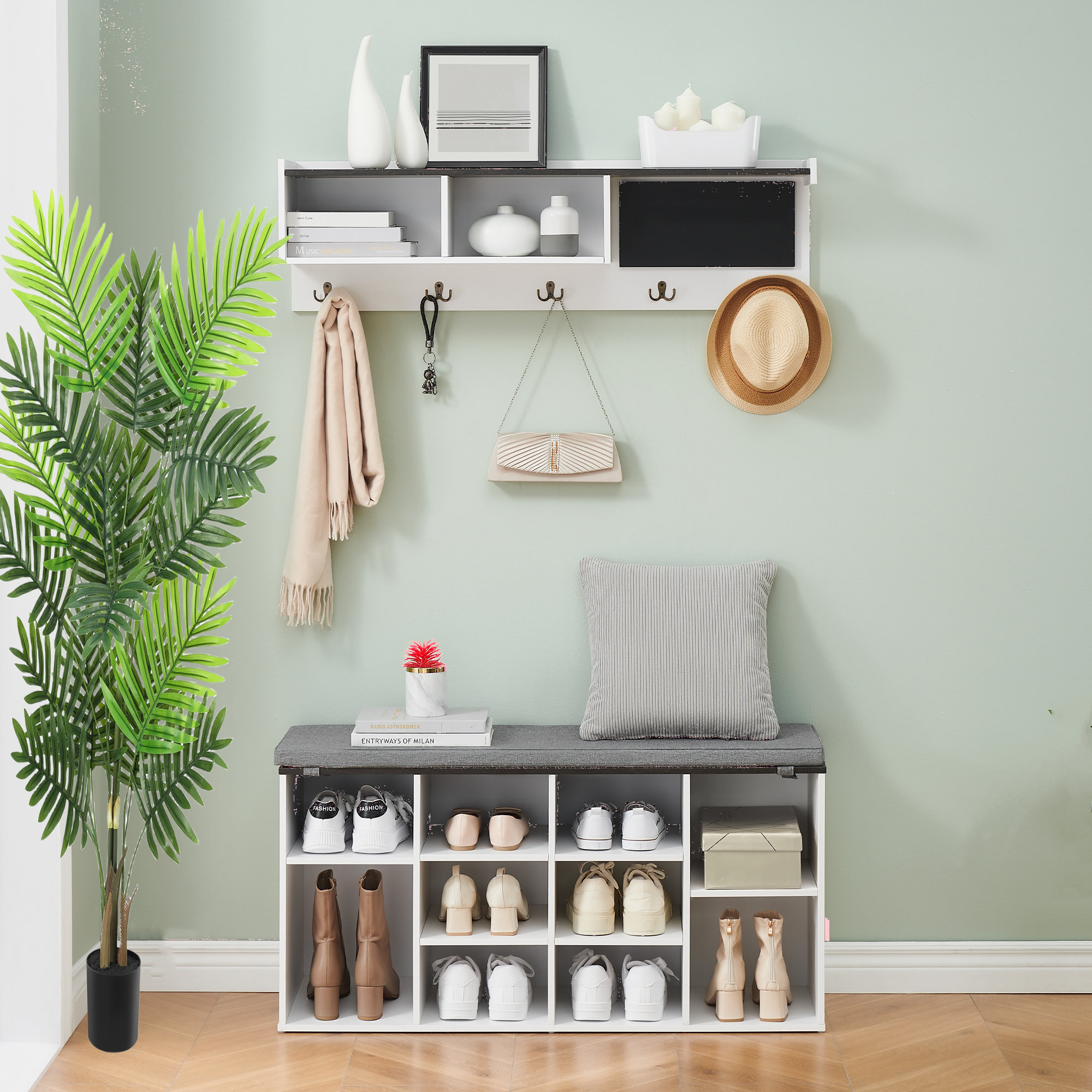 Latitude Run® Hall Tree Shoe Bench 6 In 1 Coat Shoe Rack With 5 Hooks