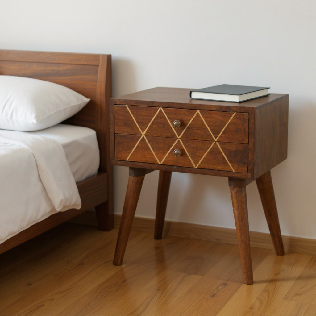 HomeRoots 22" Chestnut Solid Wood Geometric Brass Inlay Two Drawer ...