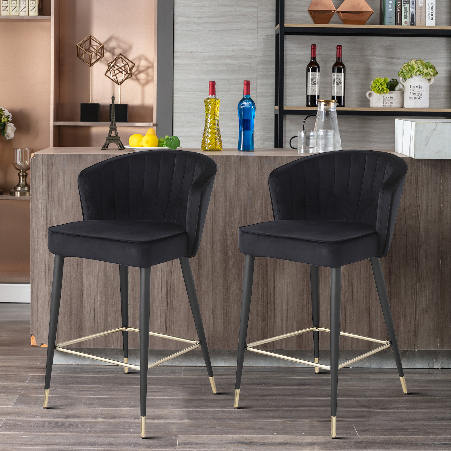 Everly Quinn 27.21'' Seat Height Velvet Upholstered Bar Stools with ...