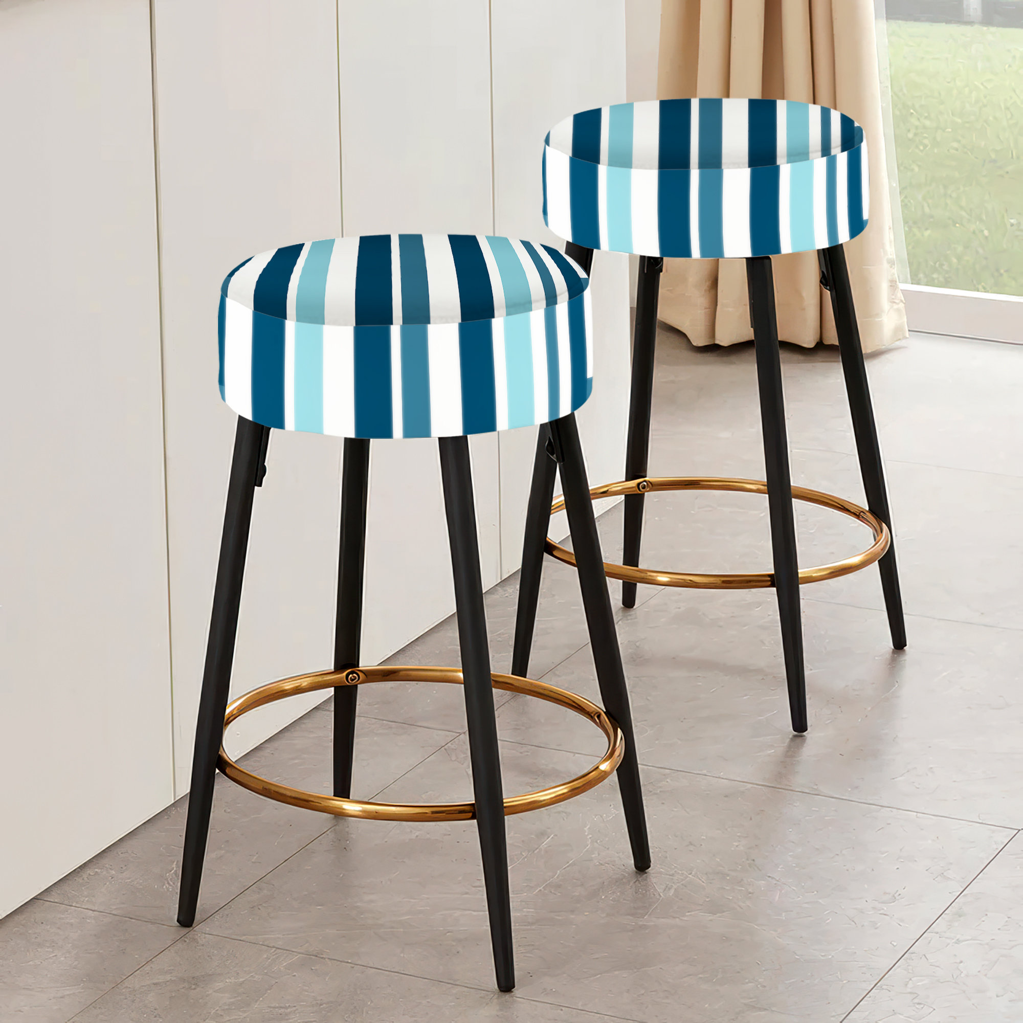 Design Art Nautical Blue Stripes Coastal Pattern I - Striped Bar Stools ...