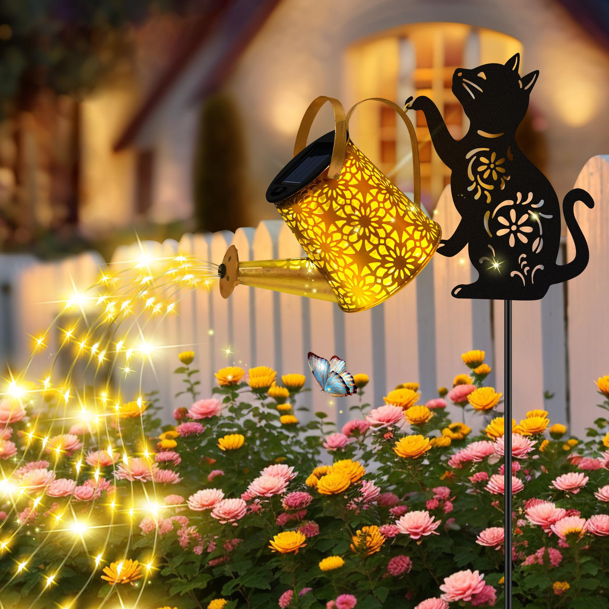 Arlmont & Co. Solar Watering Can with Cascading Lights and Cat ...