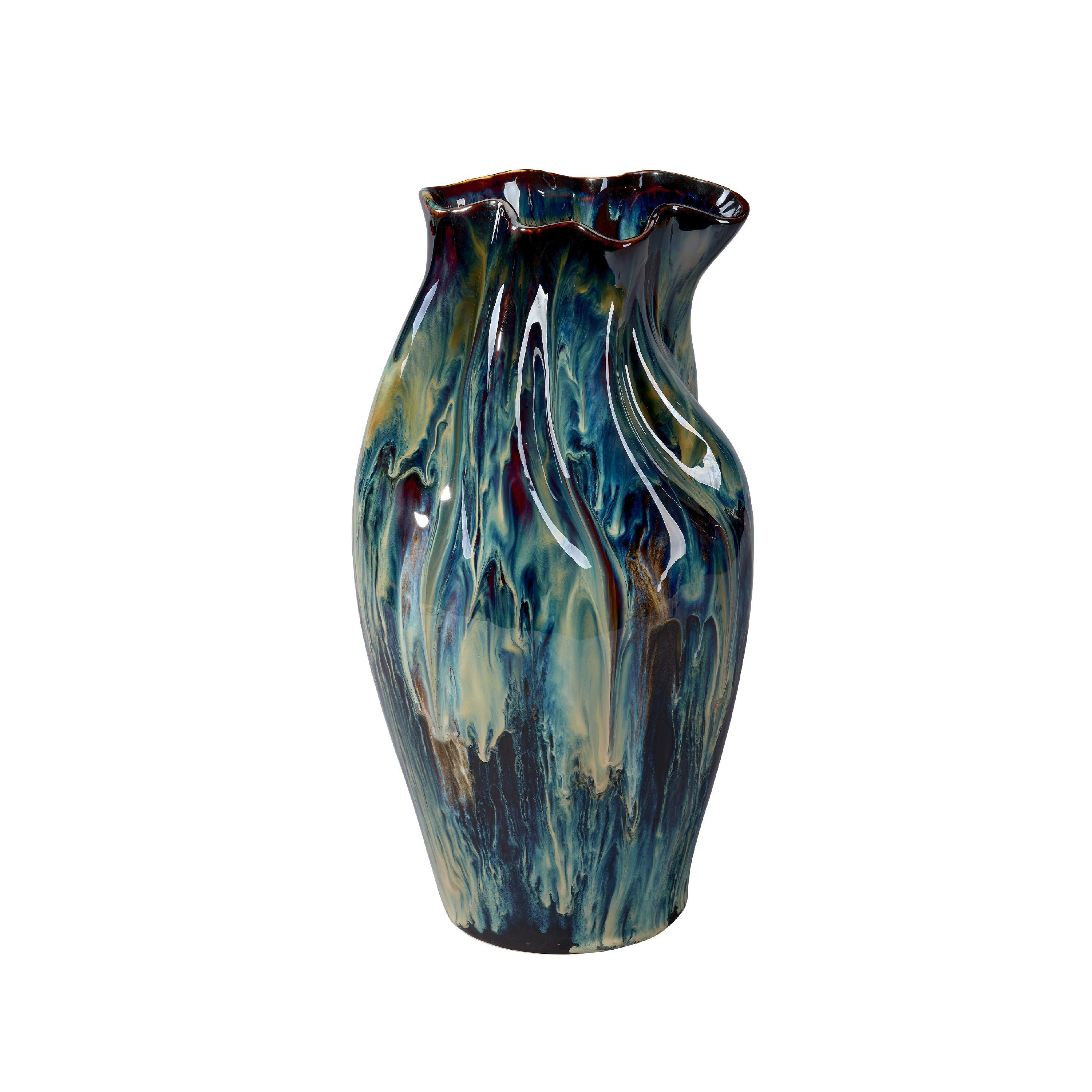 Benjara Fera Decorative Flower Vase, Ruffled Edge, 15 Inch Shiny Blue ...