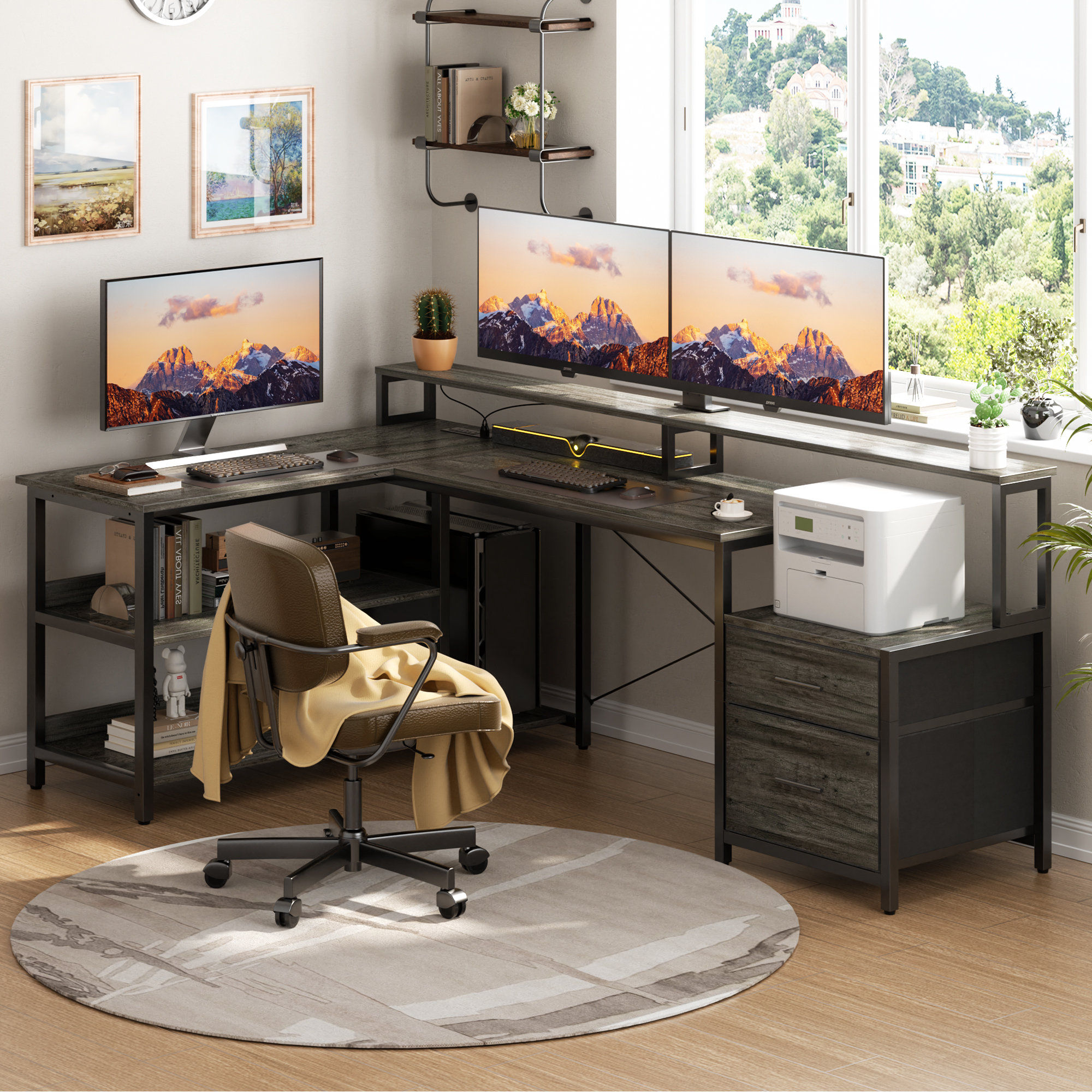 Ebern Designs Kaedence L-Shaped Writing Desk, gaming desk with leds ...