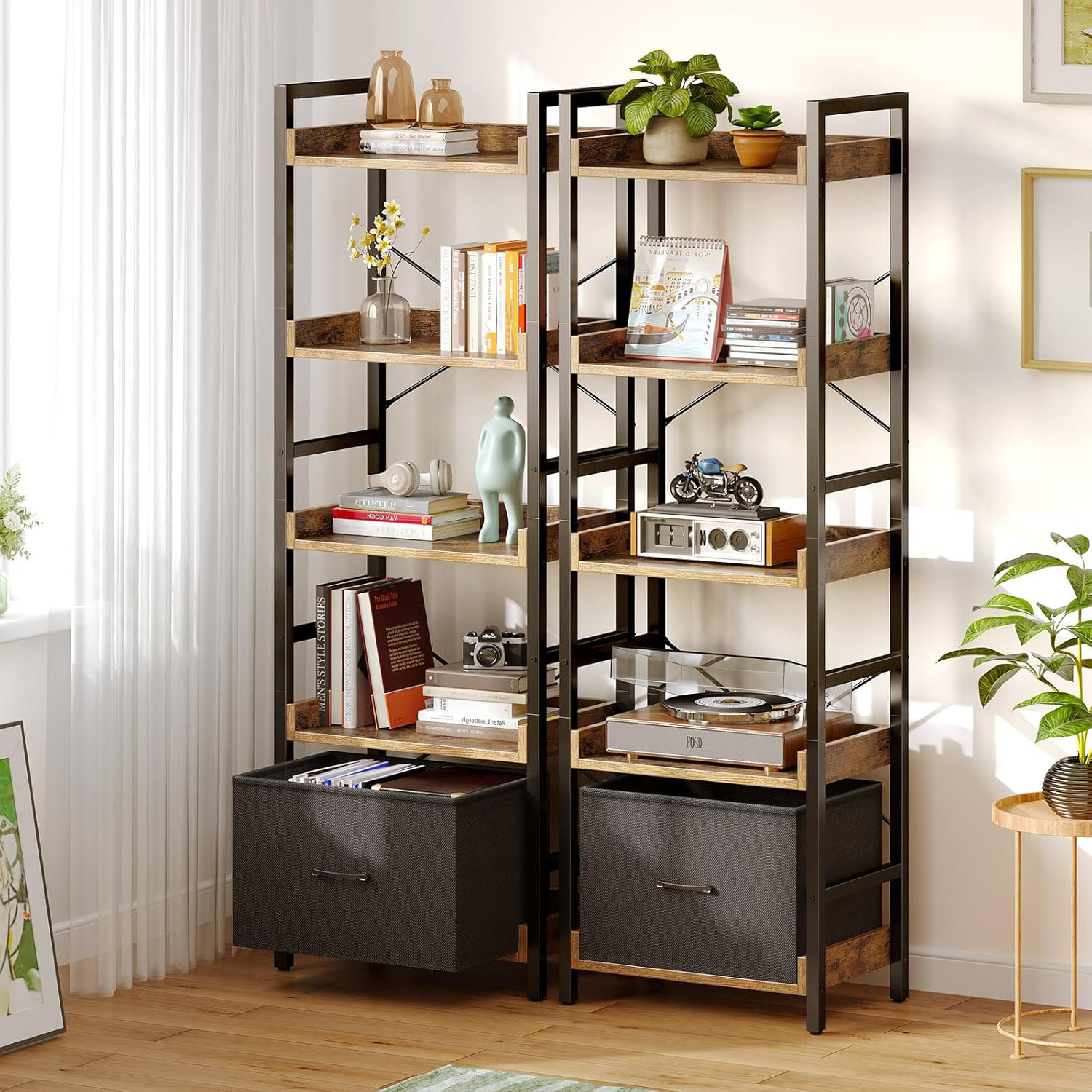 17 Stories 5-Tier Bookshelf With Removable Fabric Drawer, Tall Narrow ...
