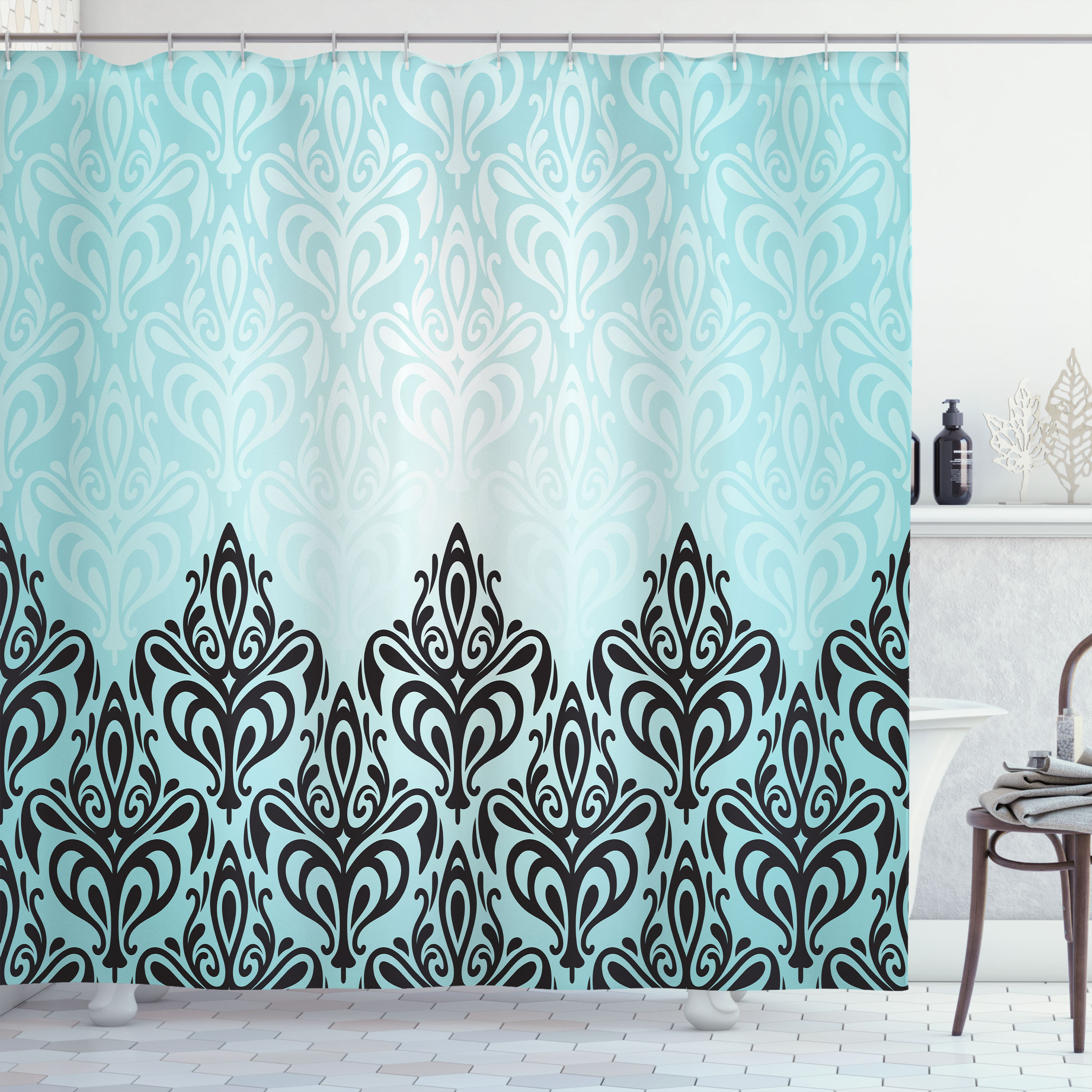 East Urban Home Damask Shower Curtain Antique Victorian Motif Black Blue | Wayfair