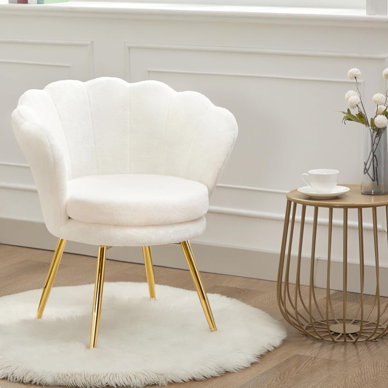 Mercer41 Elegant White Faux Fur Accent Chair with Gold Legs, Space ...