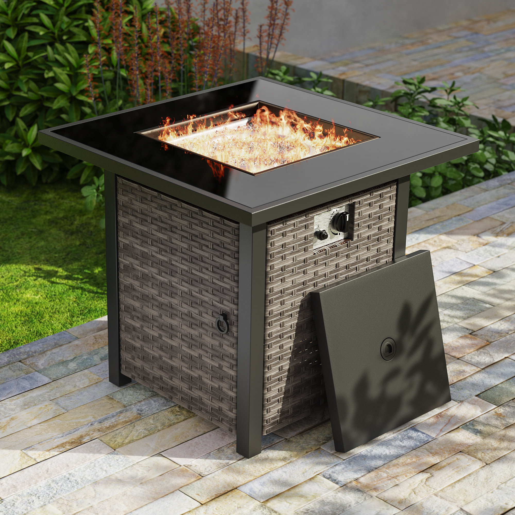 Gracie Oaks 45 Inch 50,000 BTU Rectangular Wicker Fire Pit Table ...