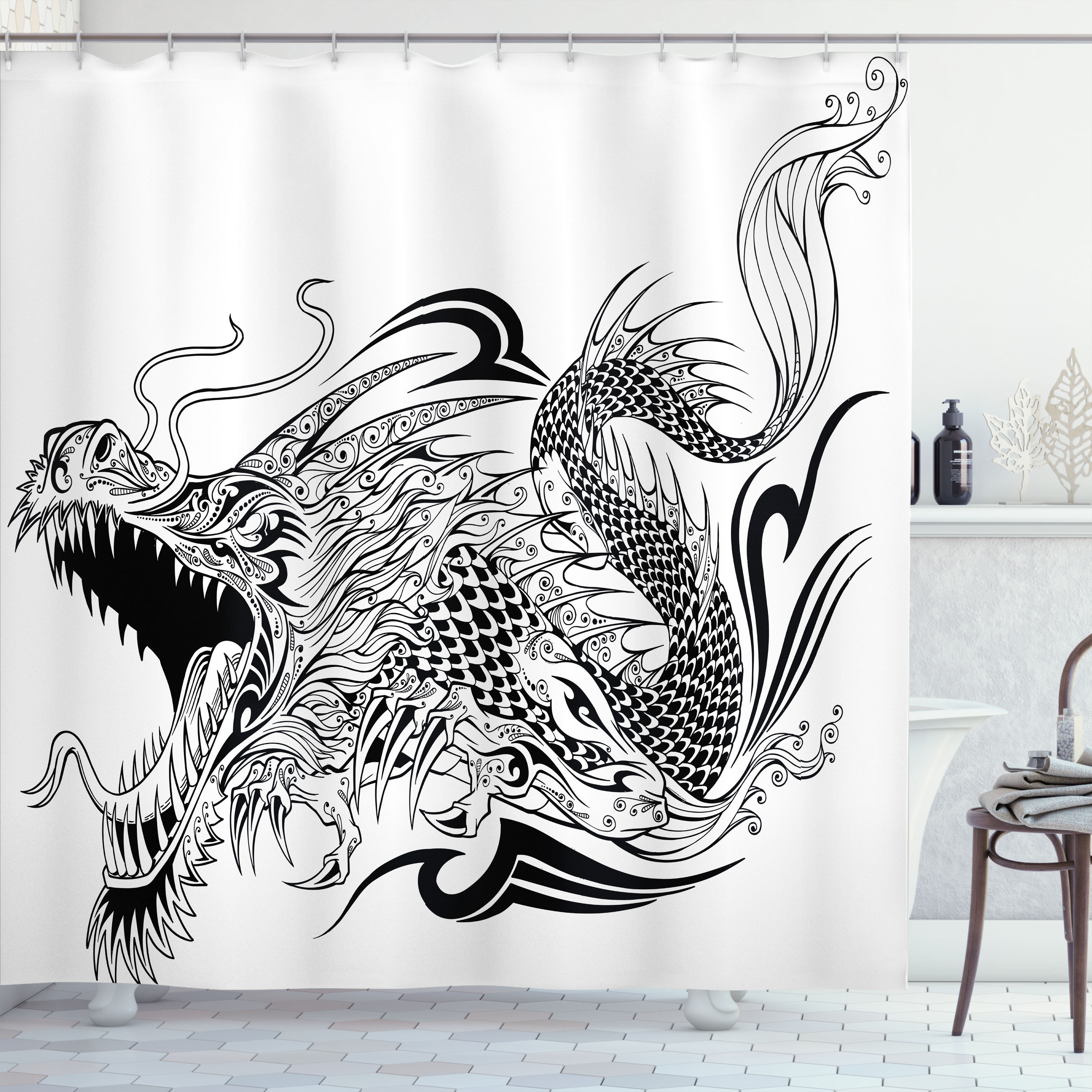 East Urban Home Kisner Dragon Shower Curtain Creature Art Black White ...