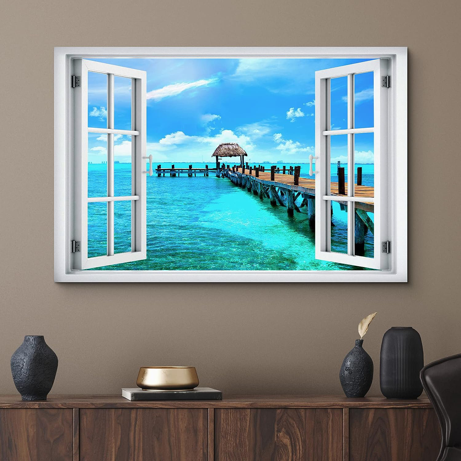 IDEA4WALL Window Scenery Window View Tropical Island Beach Pier Hawaii ...