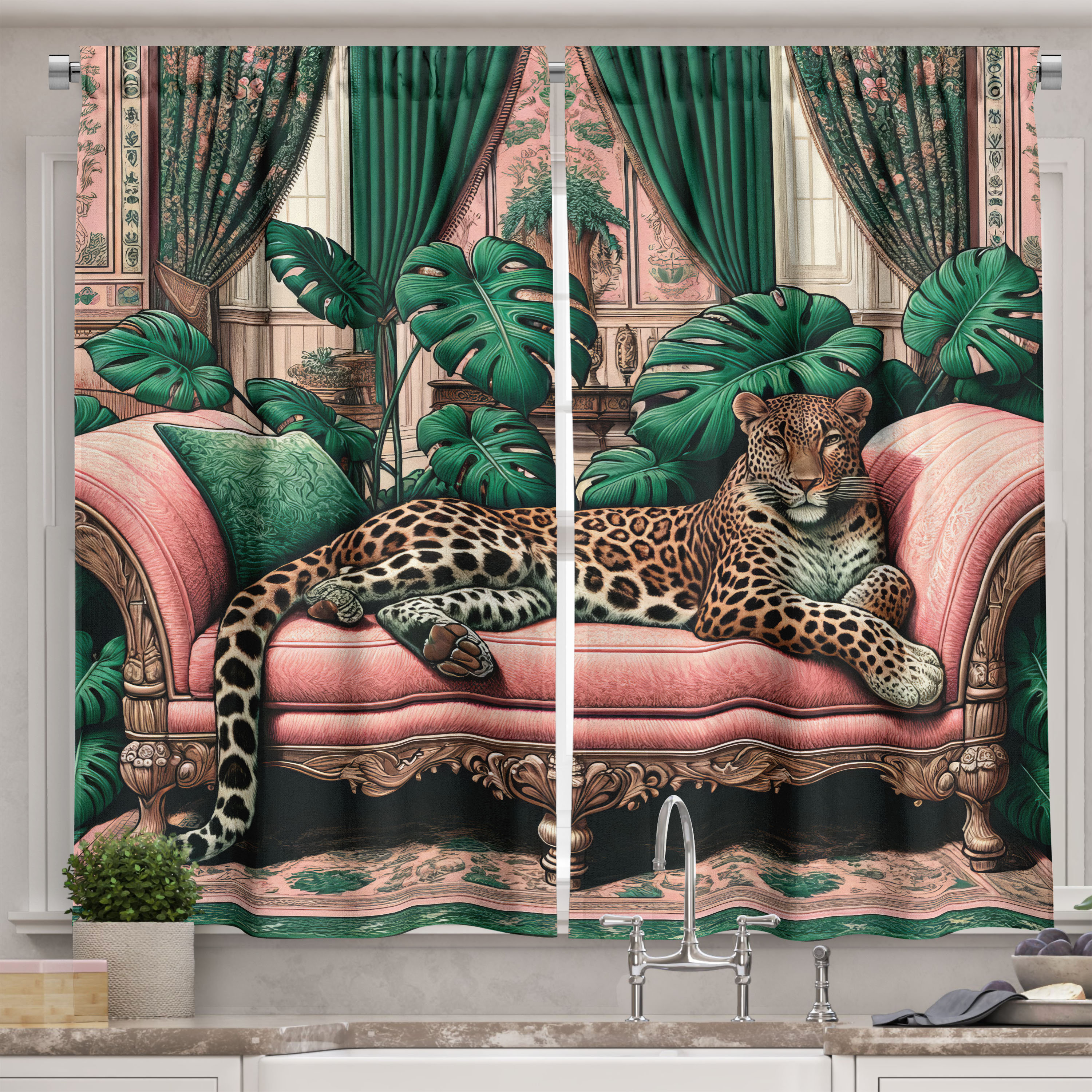 Ambesonne Leopard Kitchen Curtain Monsteras Wild Cat Lounge Pink and ...