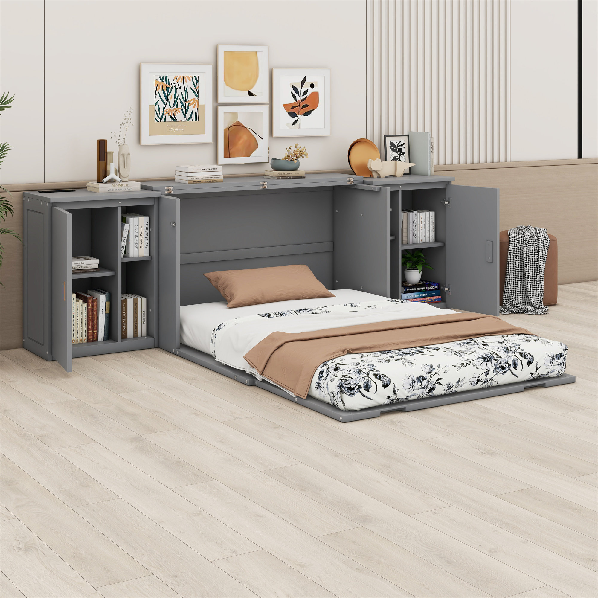 Winston Porter Murphy Bed With Shelves, Cabinets And USB Ports ...