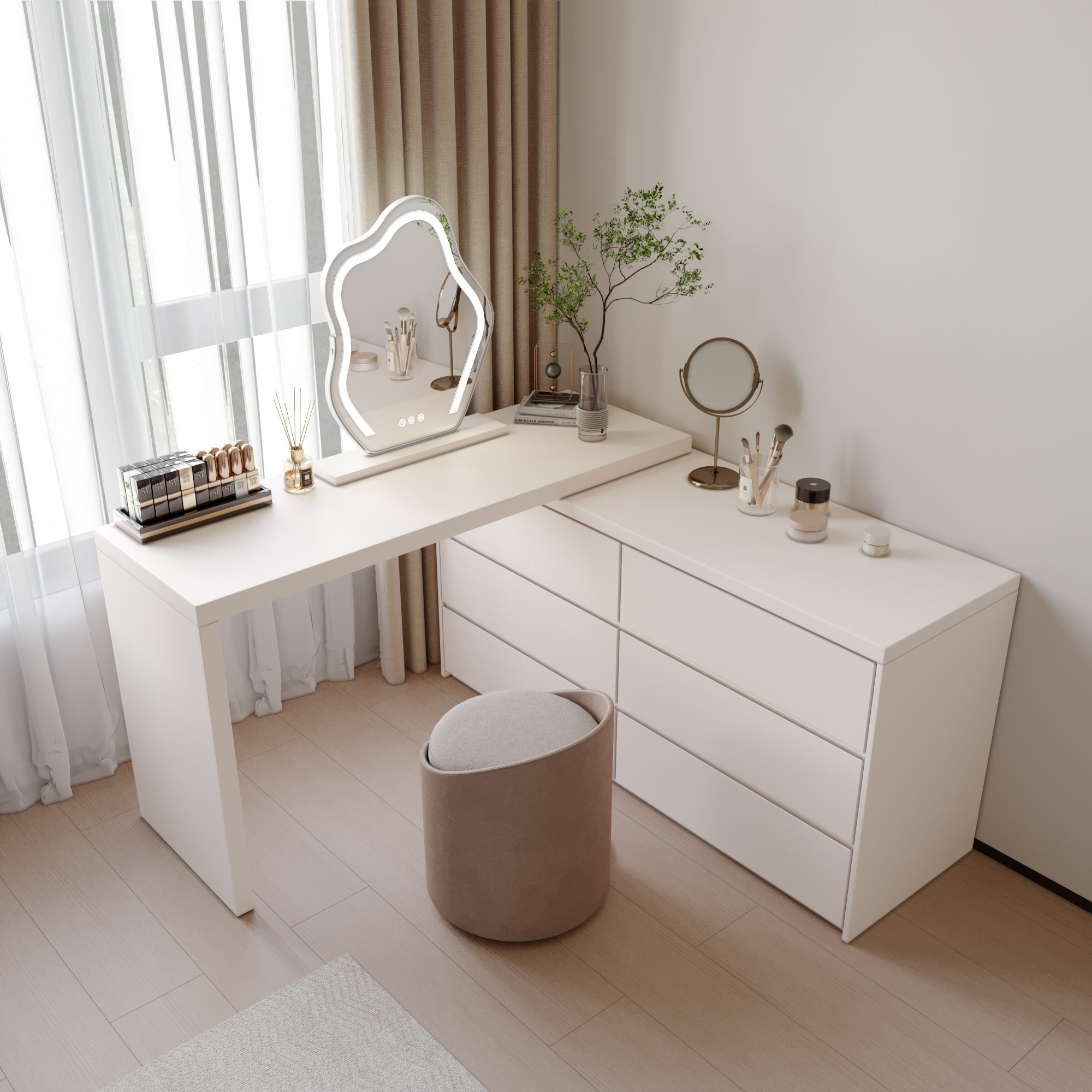 17 Stories Cream Vanity Extendable Vanity Table with 6 Drawers Modern ...