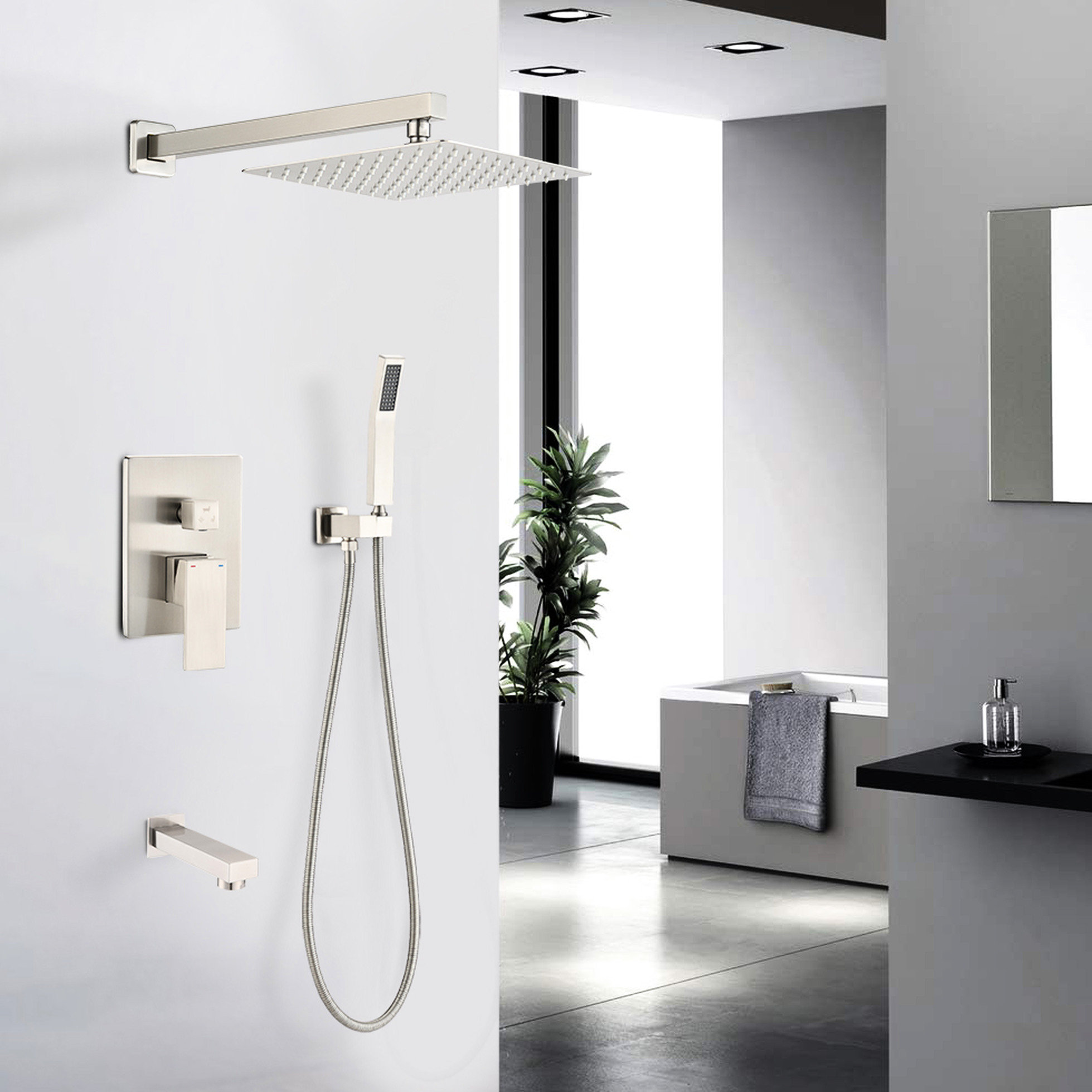 Kivaritio Brushed Nickel Shower Kit Assembly - 10" Rain Head, Handheld ...