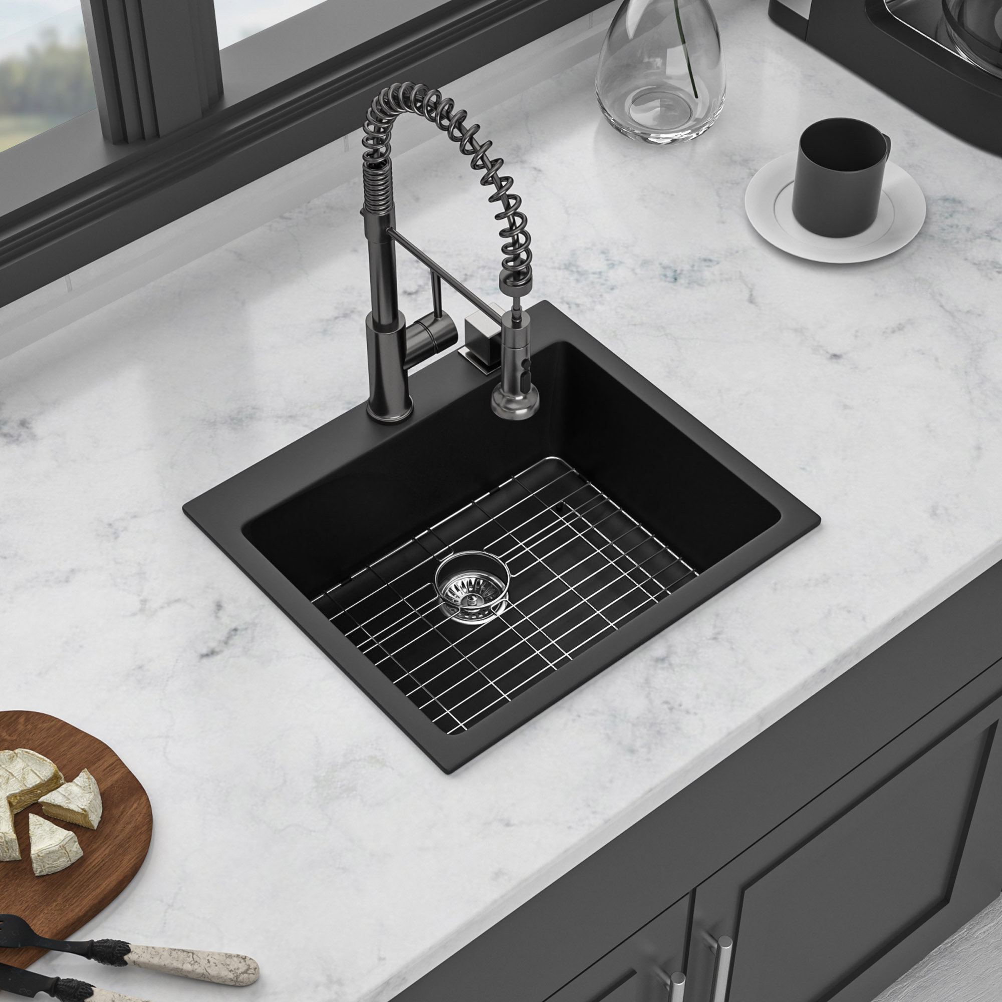 HomeViewto Quartz Kitchen Sink - 25X22" Black Granite Composite Drop In ...