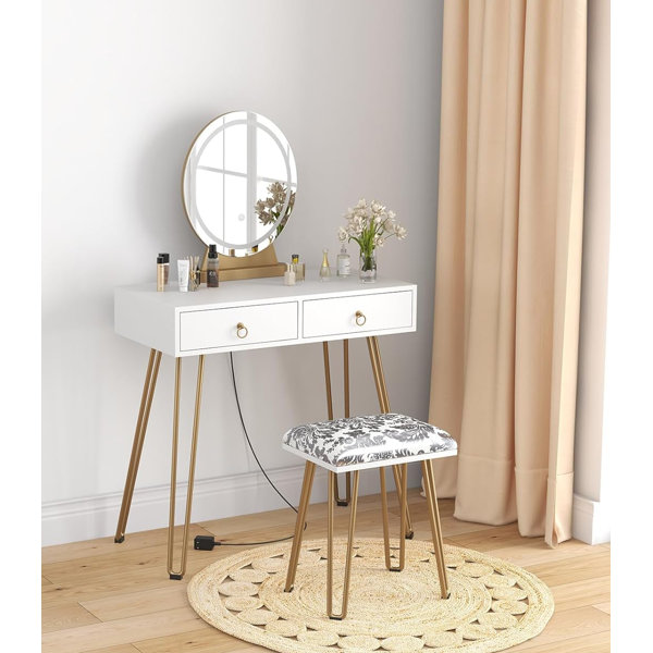 Mercer41 Table With Mirror Lamp,dressing Table With Upholstered Stool ...