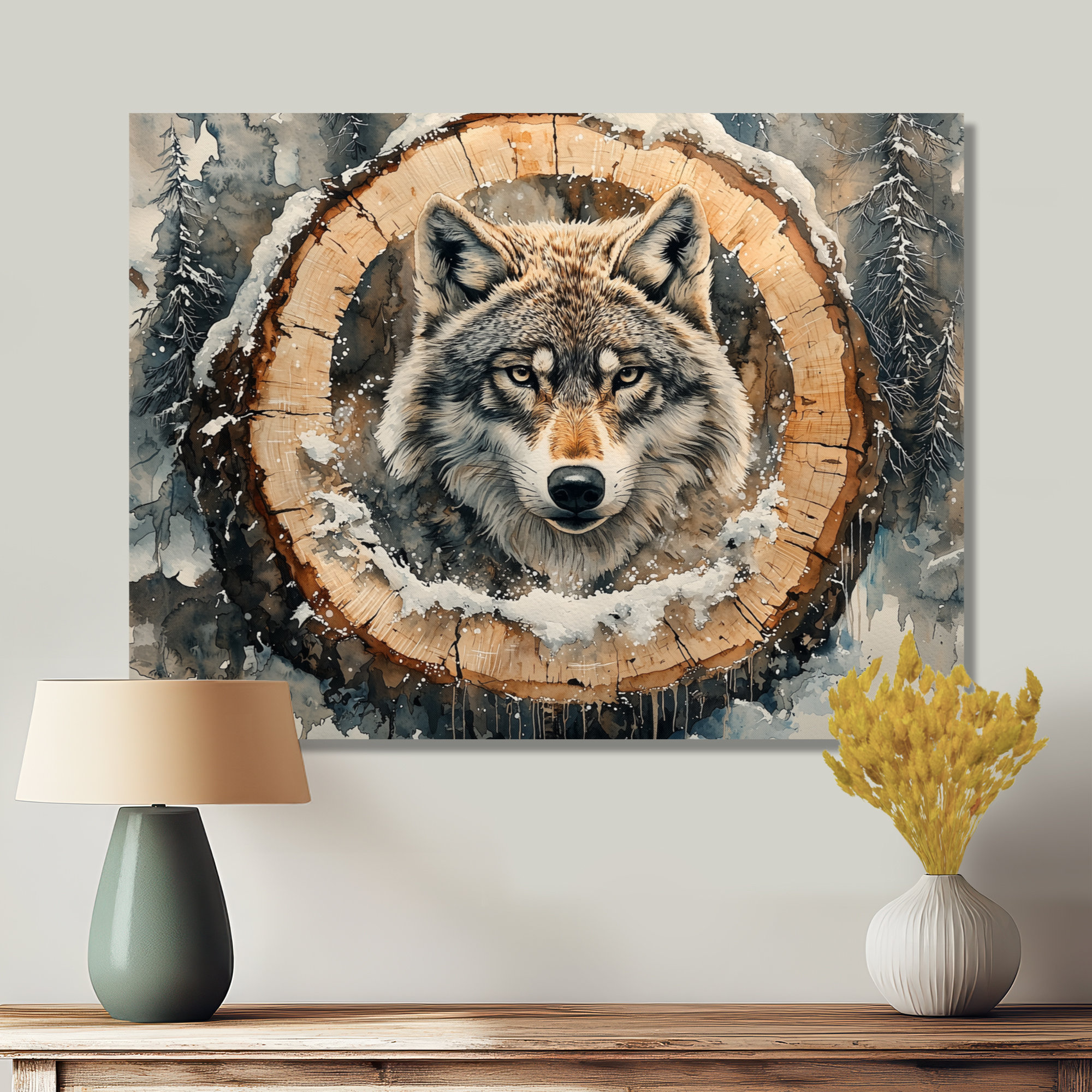 Millwood Pines Native Wolf In A Winter Forest Wood Slide I - Wolf Wall ...