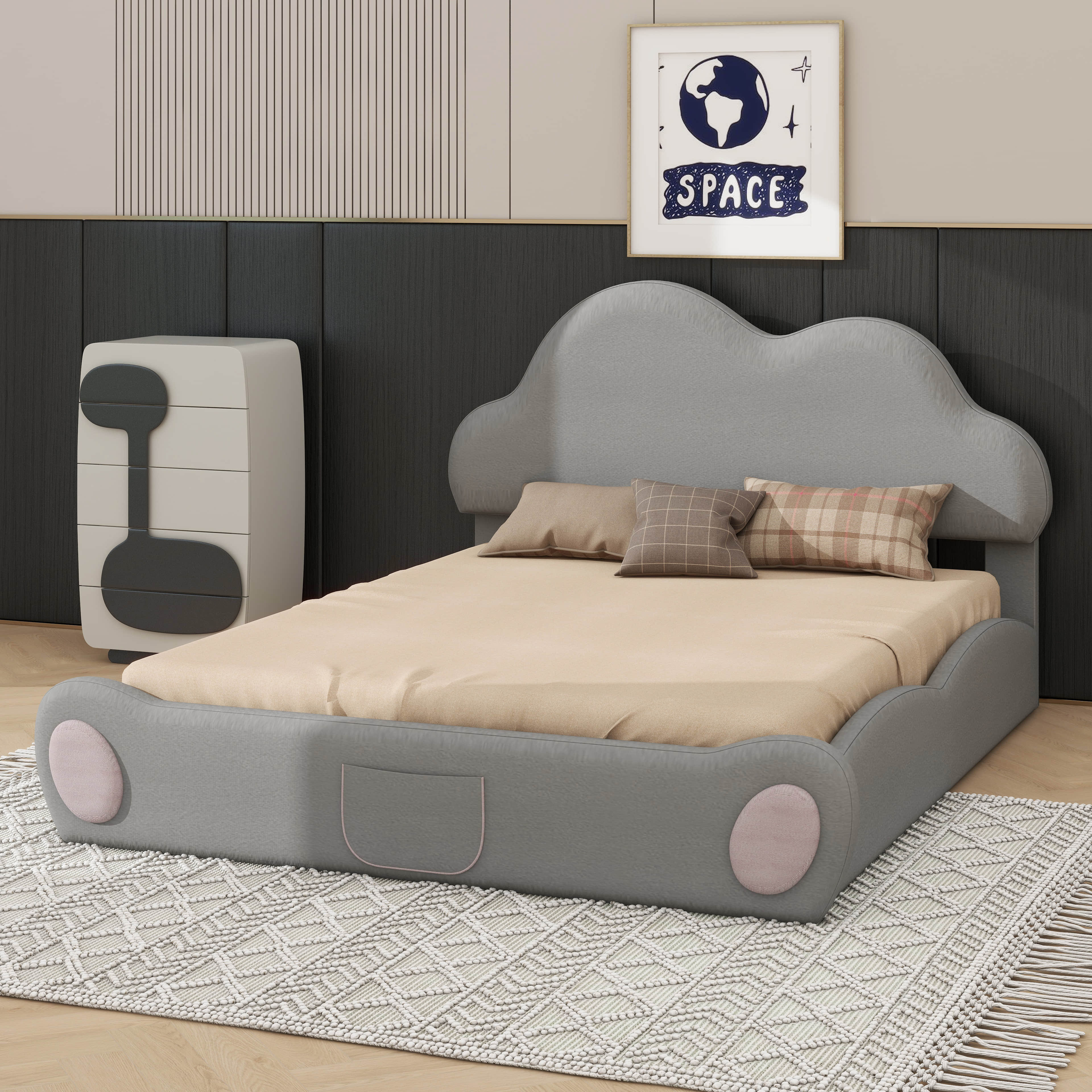 Lark Manor™ Queen Upholstered Platform Bed Cloud Headboard Rounded Footboard Built - In Storage ...