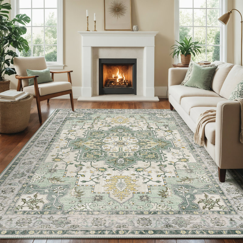 Bungalow Rose Machine Washable Oriental Green / Ivory Area Rug ...
