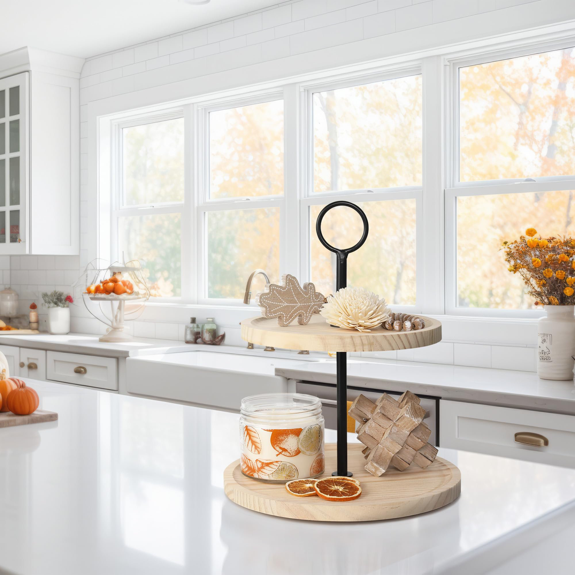 Gracie Oaks Decorative Wooden Tiered Tray Stand - Beautiful Two Tiered ...