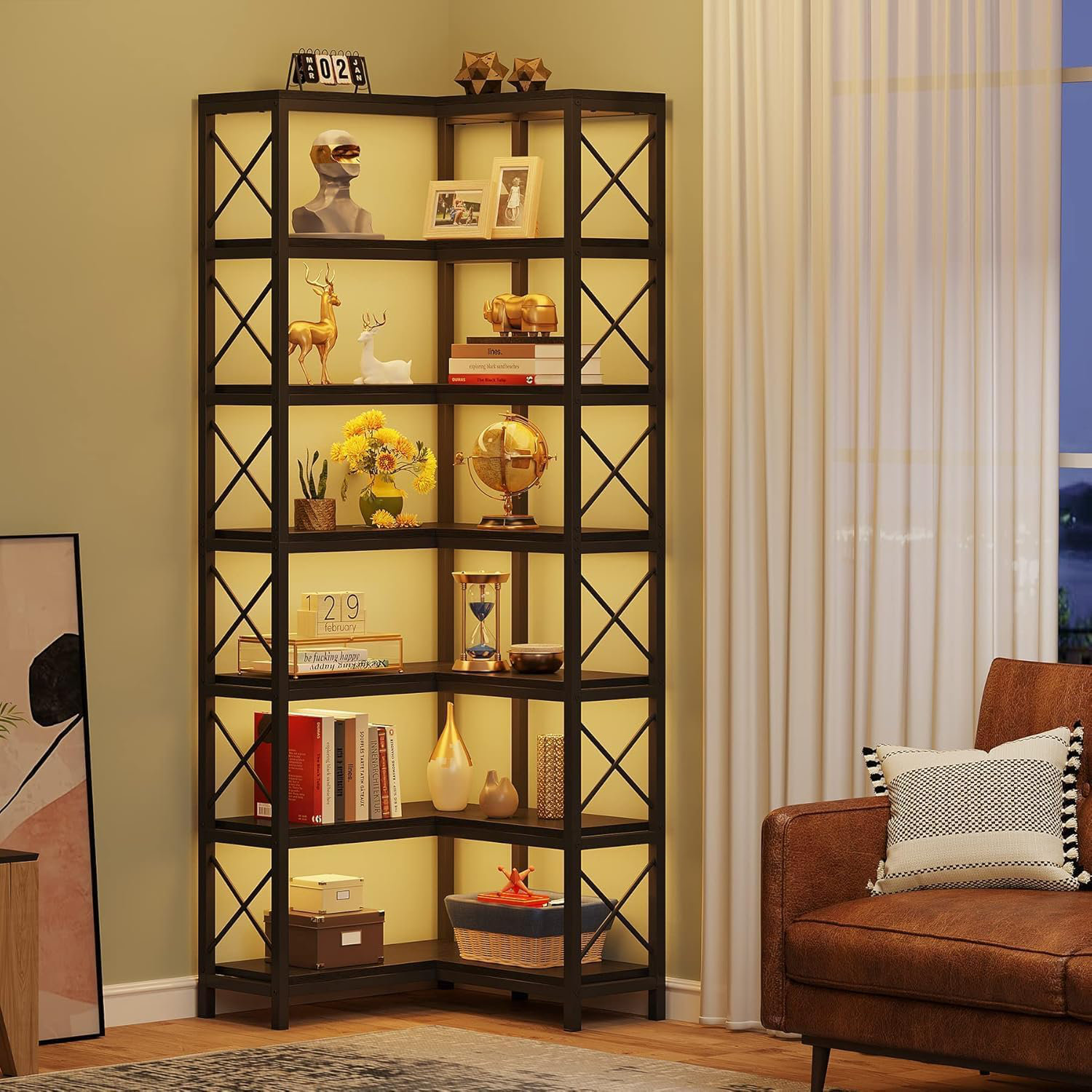 Gracie Oaks 7-Shelf Corner Bookshelf Modern Corner Bookcase Corner ...