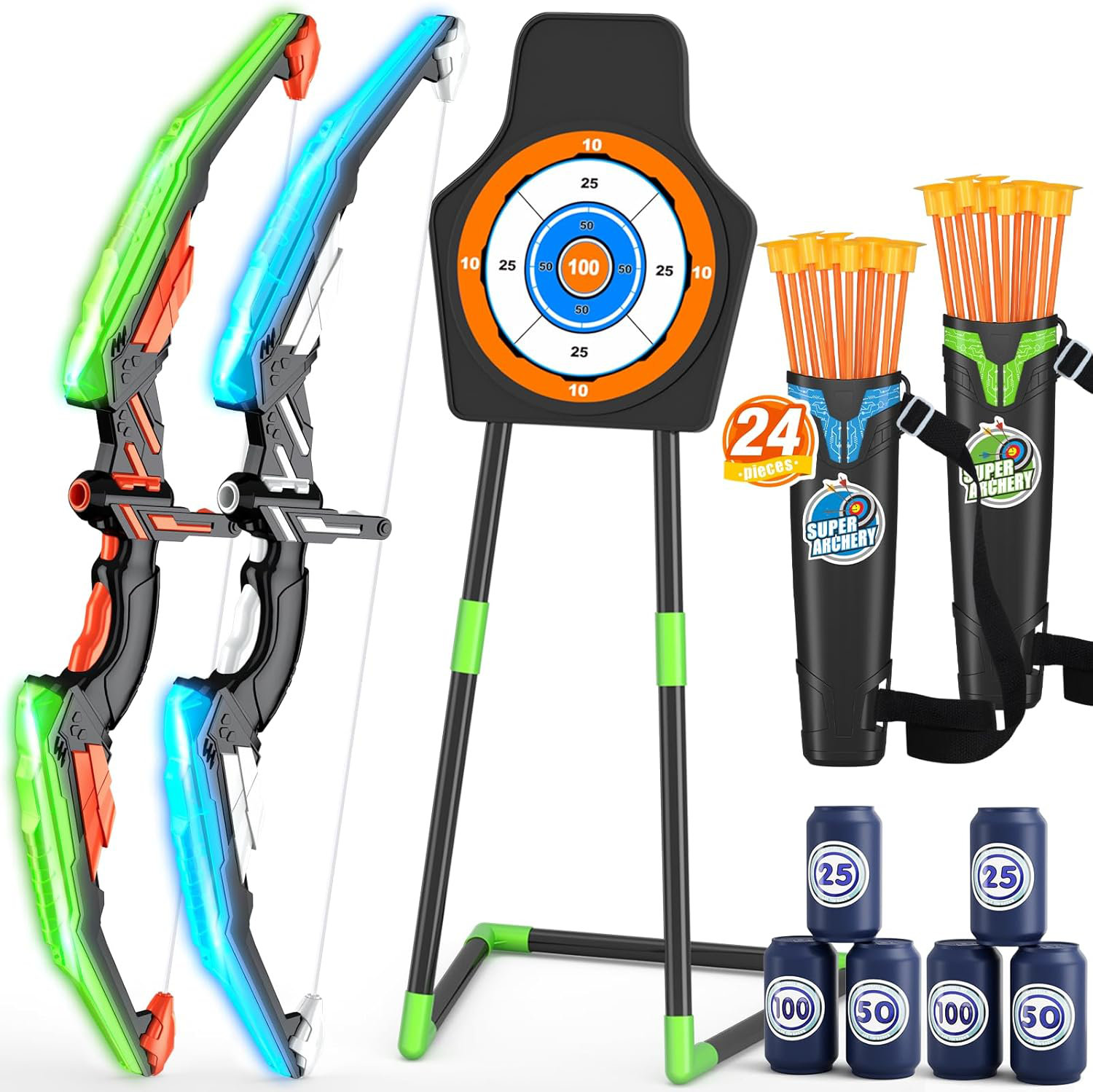 SIPIROT 2 Pack Bow and Arrow for Kids, LED Light Up Archery Set with 24 ...