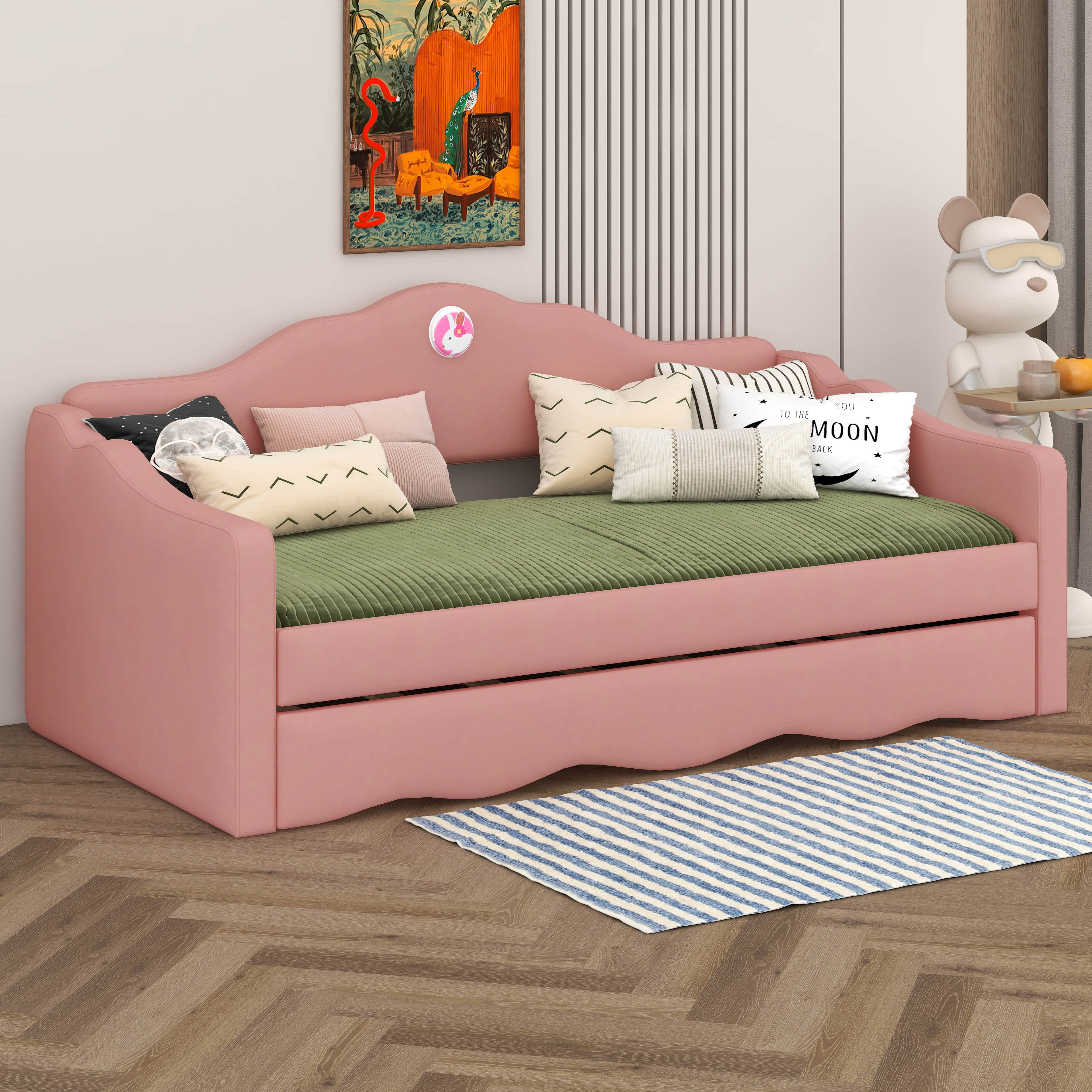 Lark Manor Twin Size Upholstered Daybed With Wave-Shaped Trundle | Wayfair