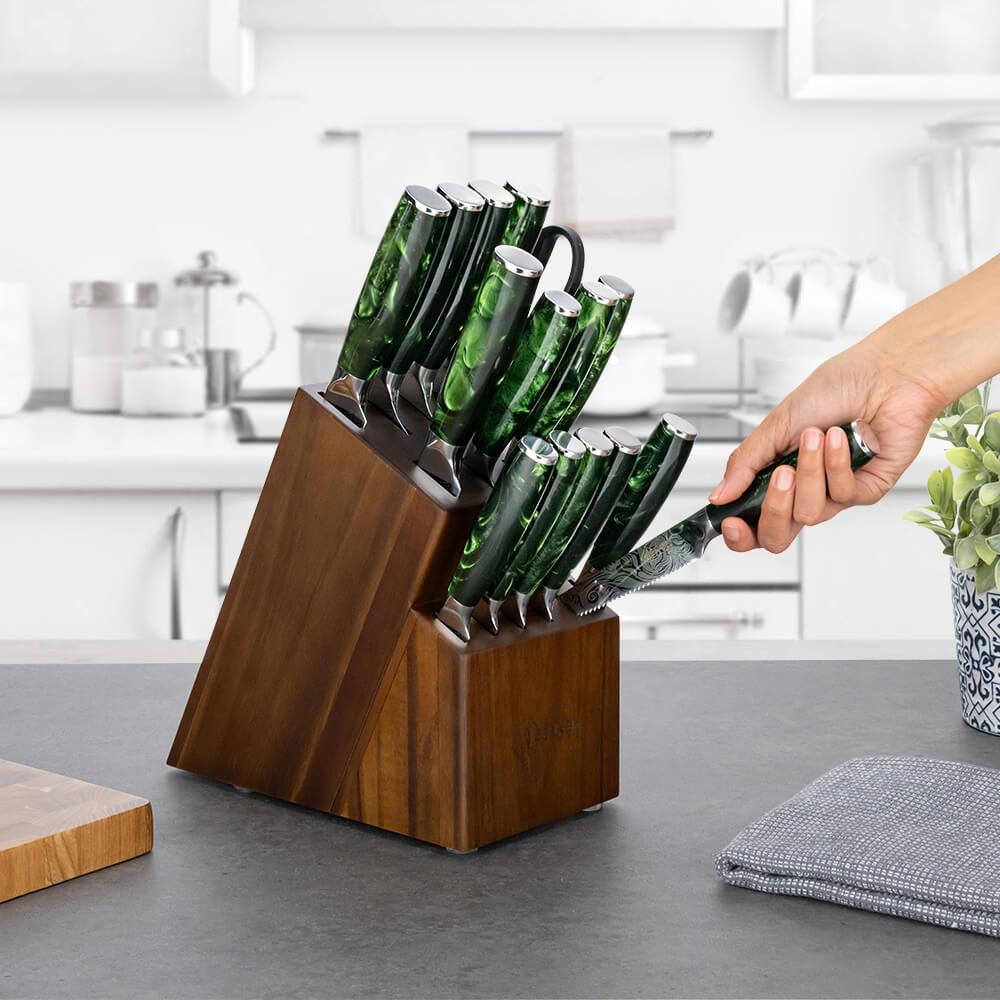 Senken Knives 16-Piece Engraved "Wasabi" Japanese Knife Block Set ...