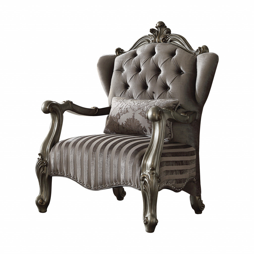 HomeRoots 33" Gray And Platinum Velvet Striped Tufted Wingback Chair ...