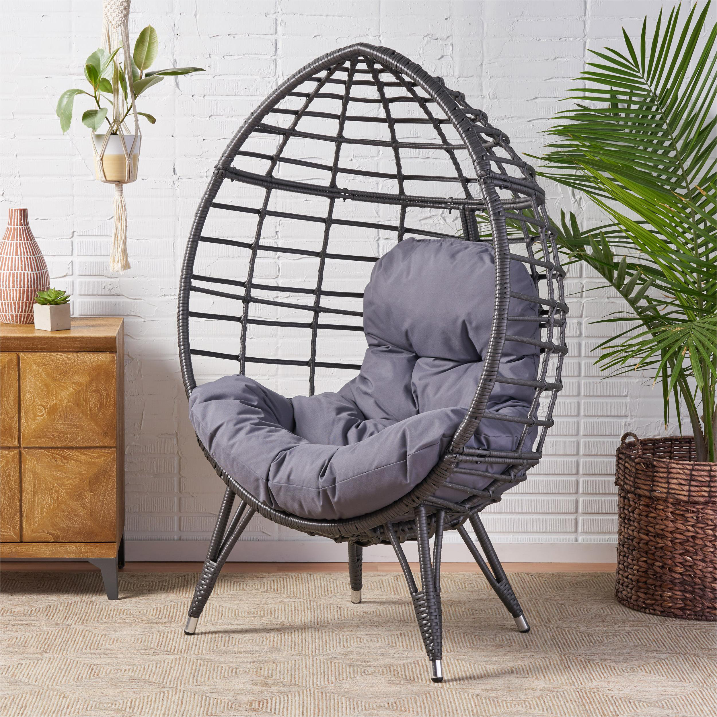 Dakota Fields Wicker Teardrop Chair With Stand, Outdoor Woven Egg Chair ...