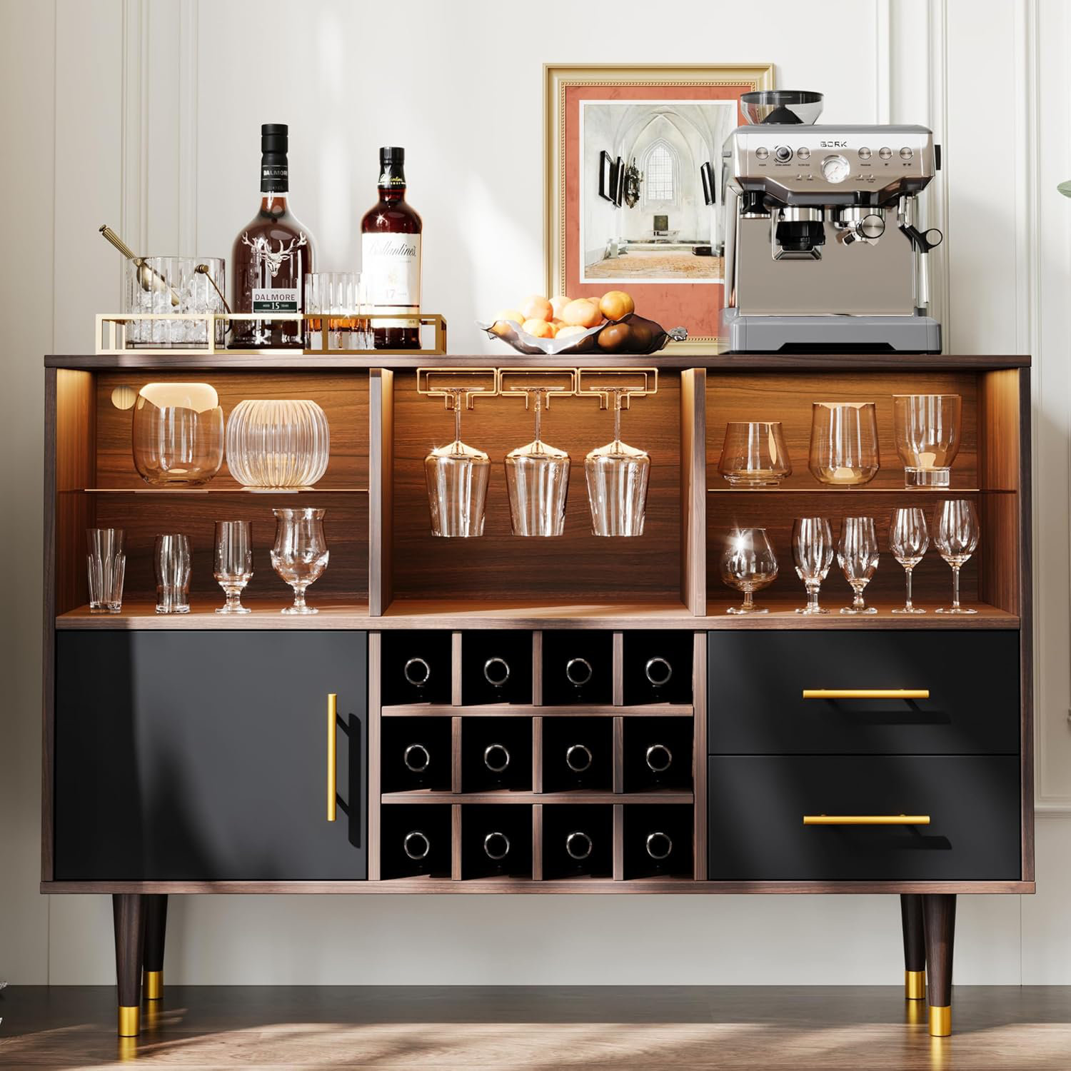 Mercer41 Bar Cabinet and Bar Table - LED Light Charging Station, Buffet ...