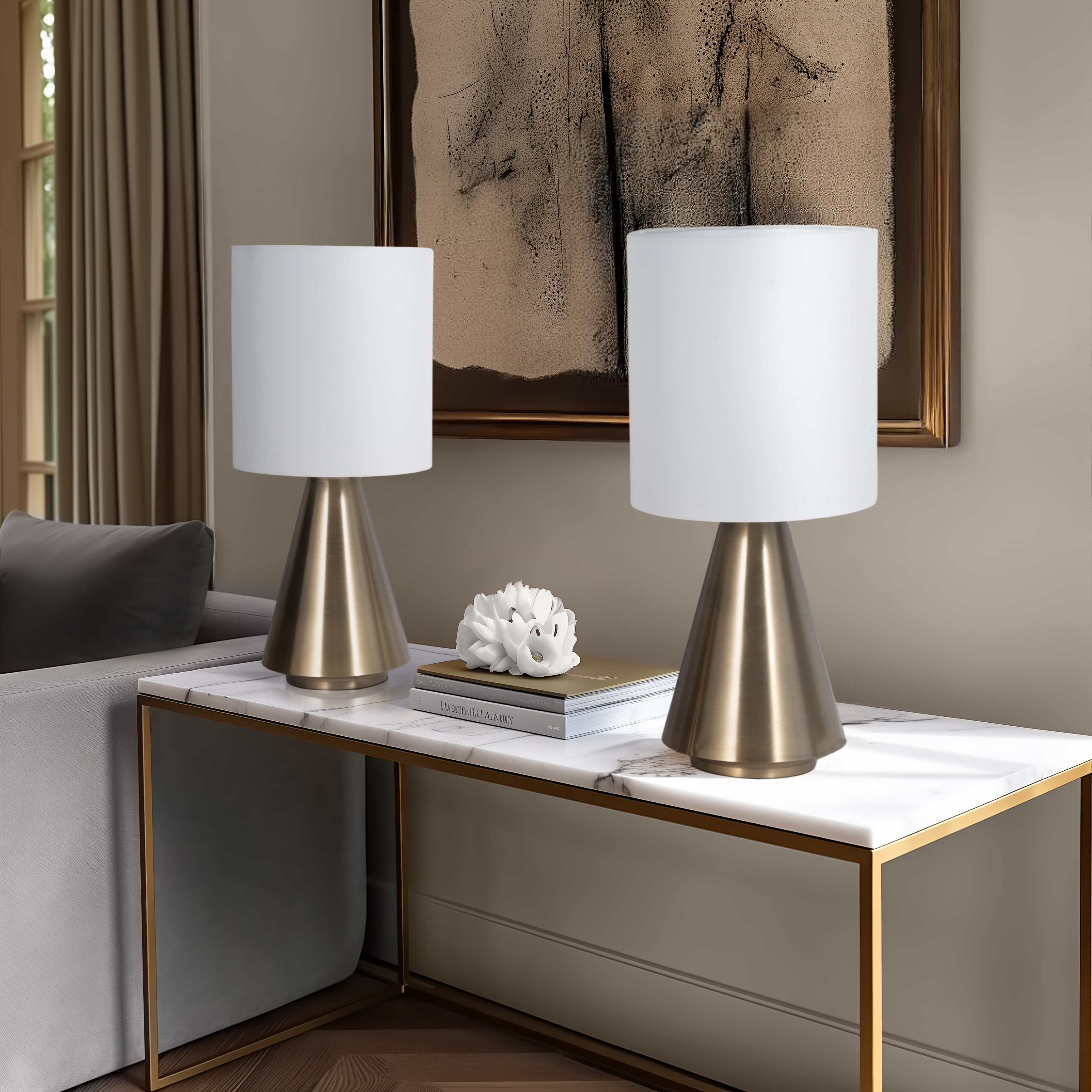 Orren Ellis Cone Table Lamps, Antique Brass, Steel and Linen ...