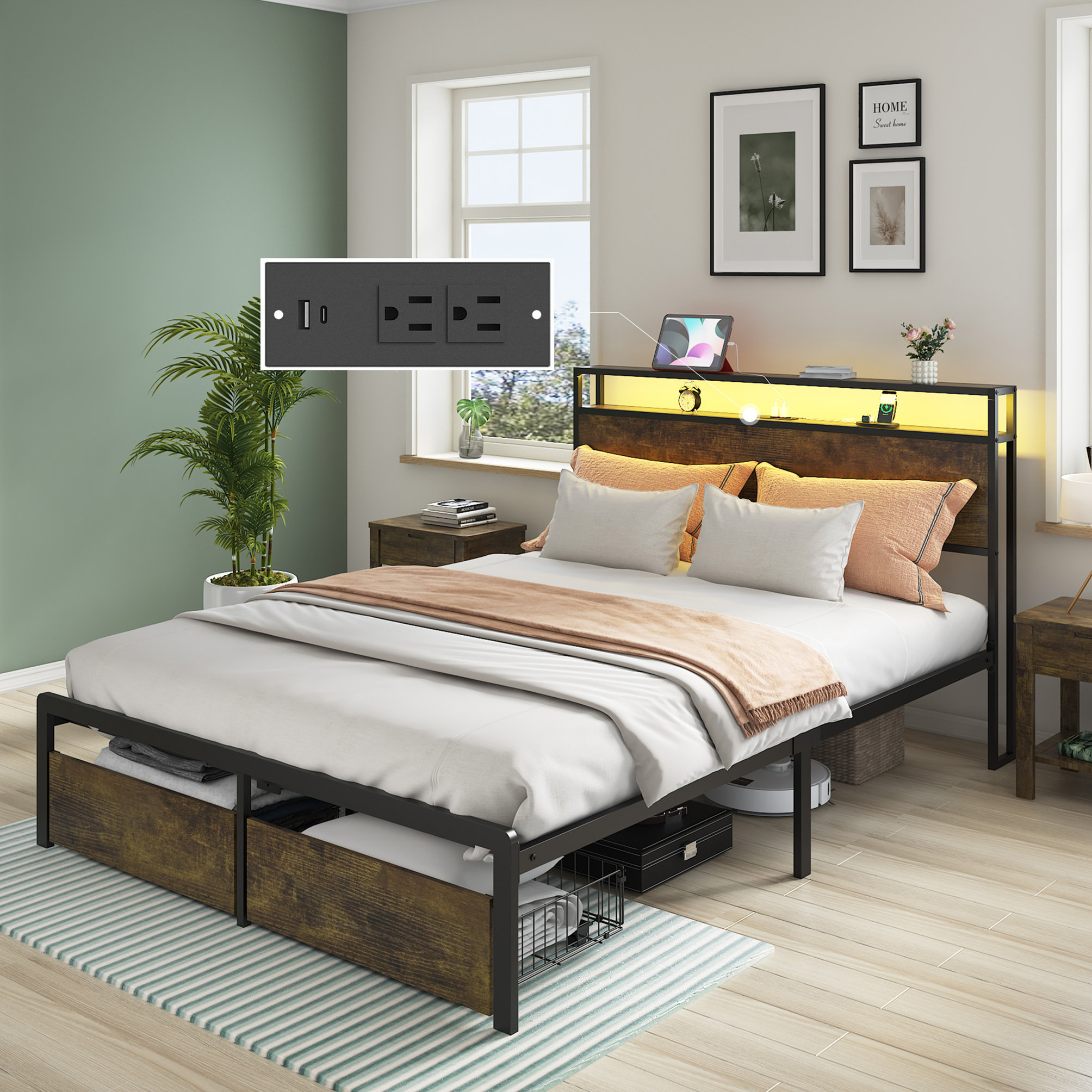 Ivy Bronx Queen Bed Frame With LED Lights And Charging Station - Robust ...