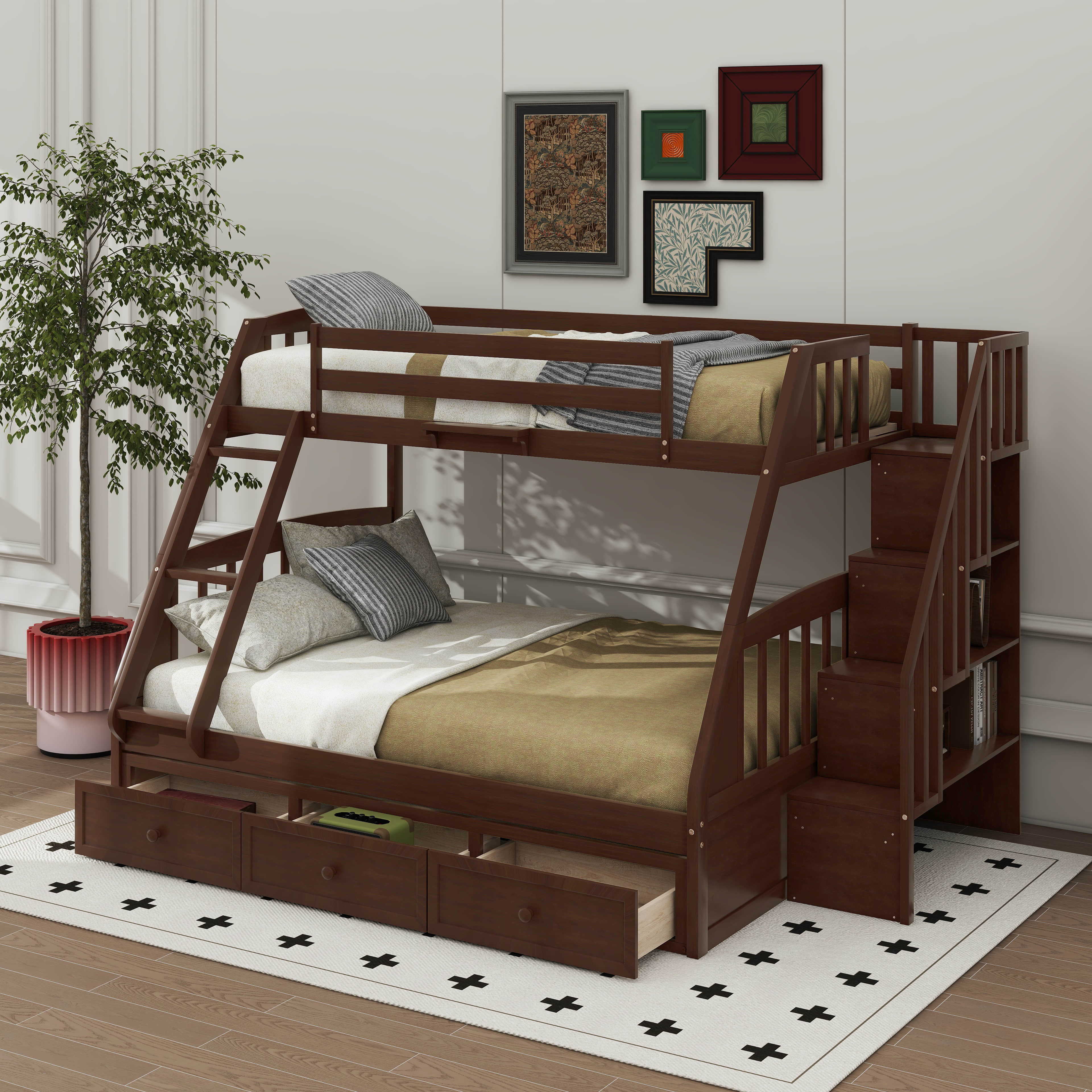 Harriet Bee Modern Bunk Bed With 3 Drawers And Storage Staircase, Twin-Over-Full Wood Bunk Bed ...