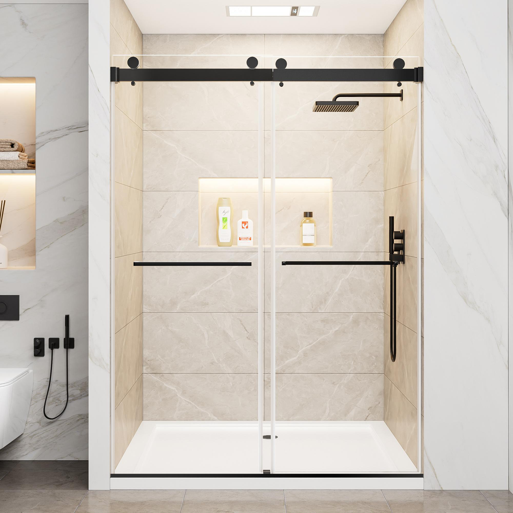 VOSS GROUP 60-inch wide x 78-inch high frameless double sliding shower door with soft-close ...