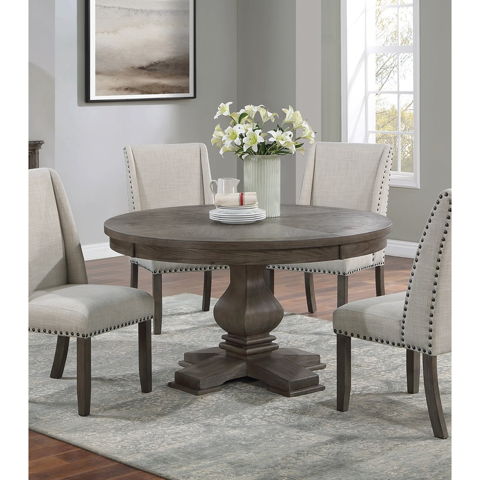 Mercer41 54" Round Dining Table, Pedestal Base, Oak Finish For ...