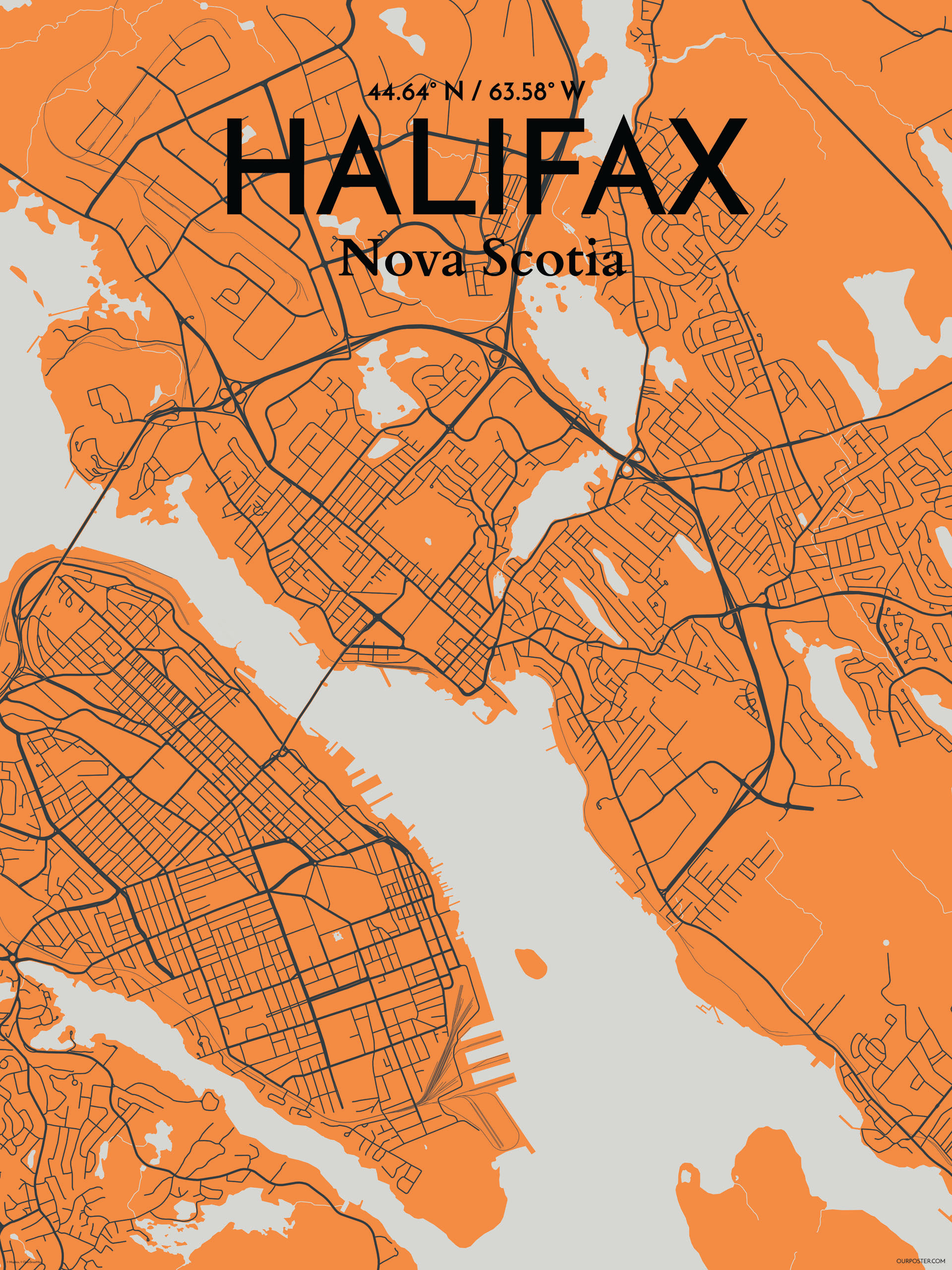 OurPoster.com 'Halifax City Map' Graphic Art Print Poster in Orange ...