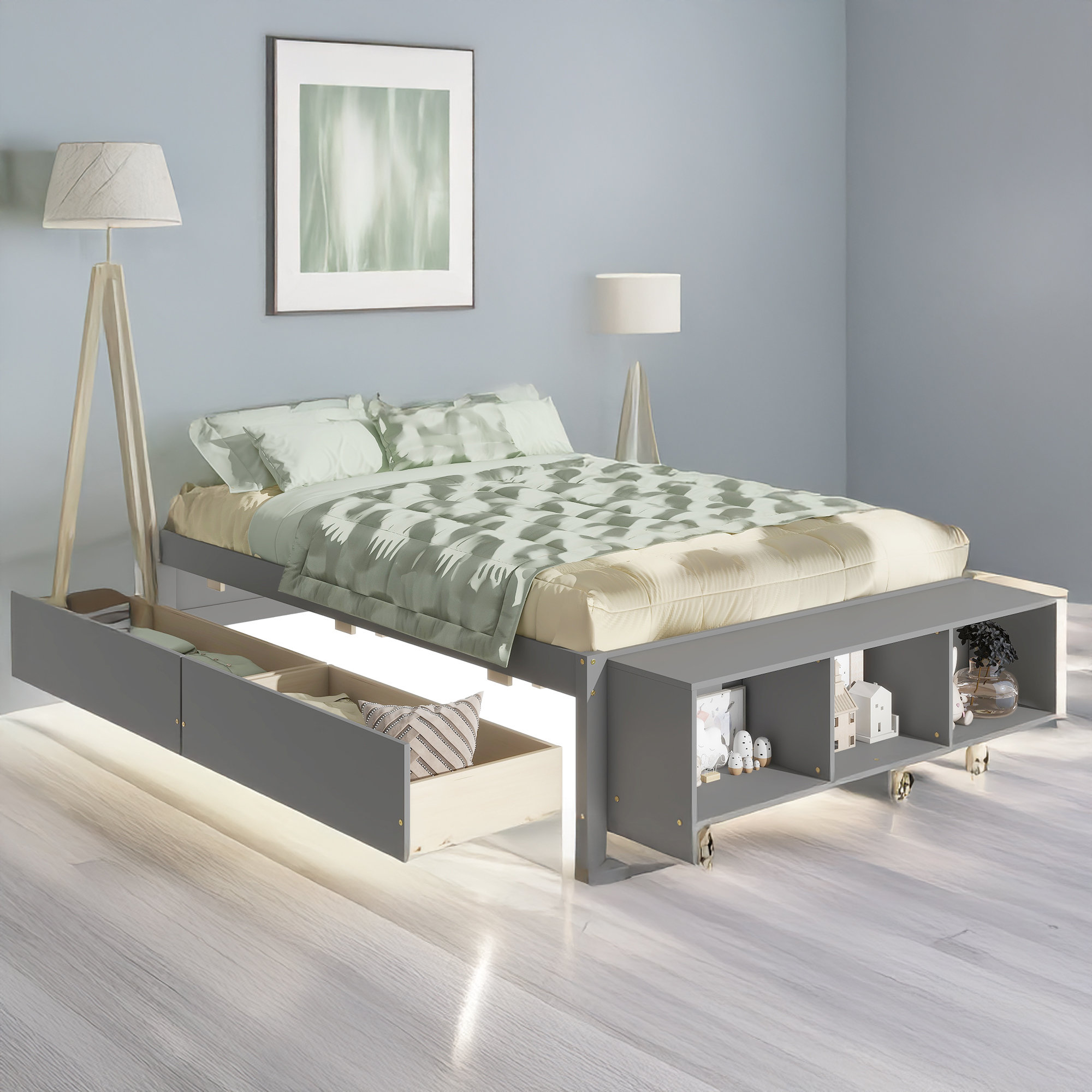 Winston Porter Full Size Bed Framewith Storage Case, 2 Storage Drawers ...