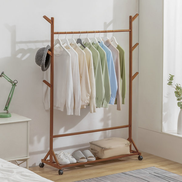 MoNiBloom Sliding Hanging Rod Coat Stand Bamboo Coat Rack, Wheeled ...