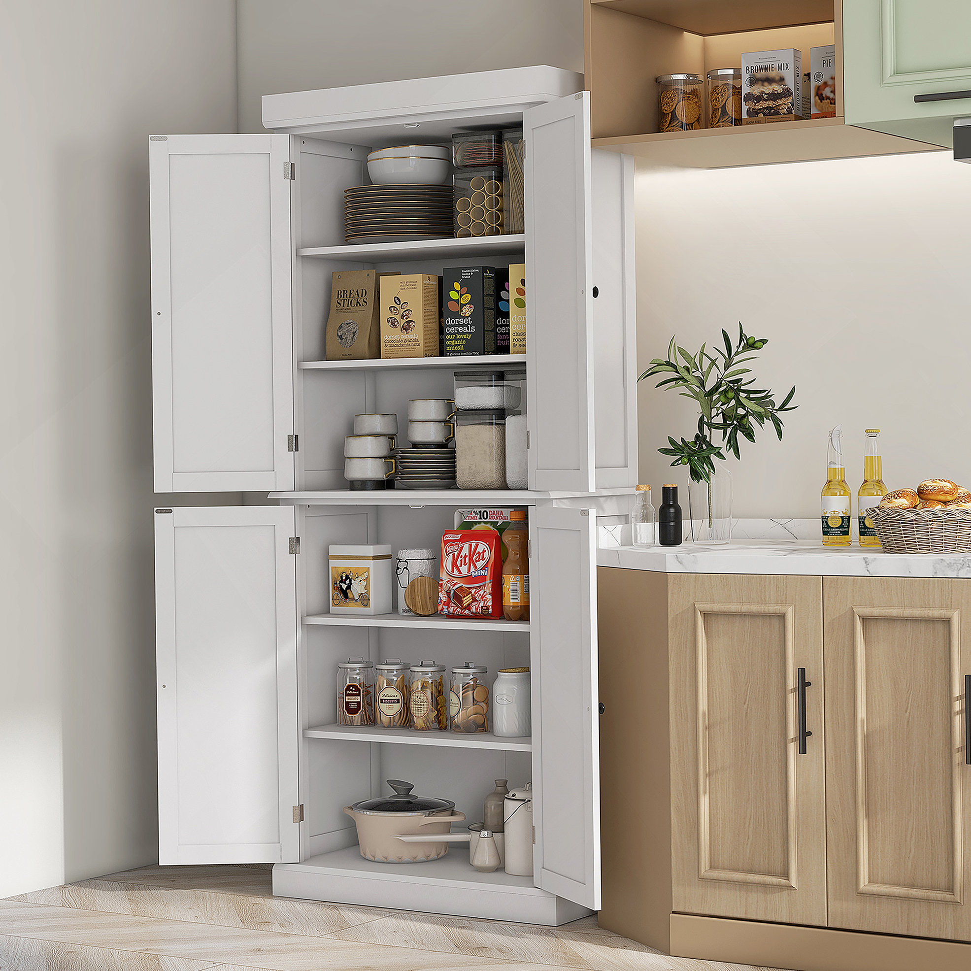 Lark Manor Freestanding Kitchen Pantry Cabinet, 4 Doors, Adjustable ...
