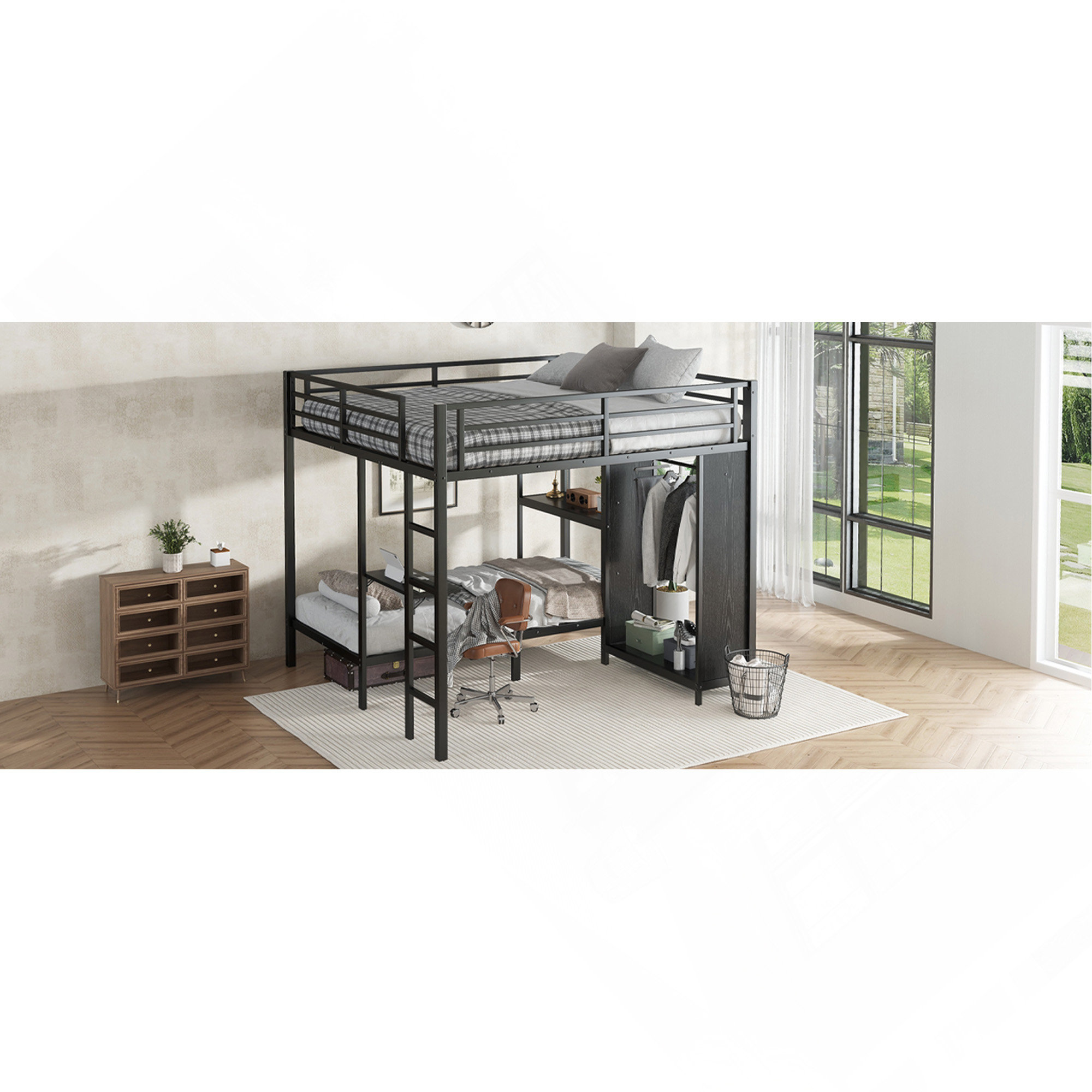 17 Stories King Over Twin XL Size Bunk Bed Frame With Built-In Wardrobe ...