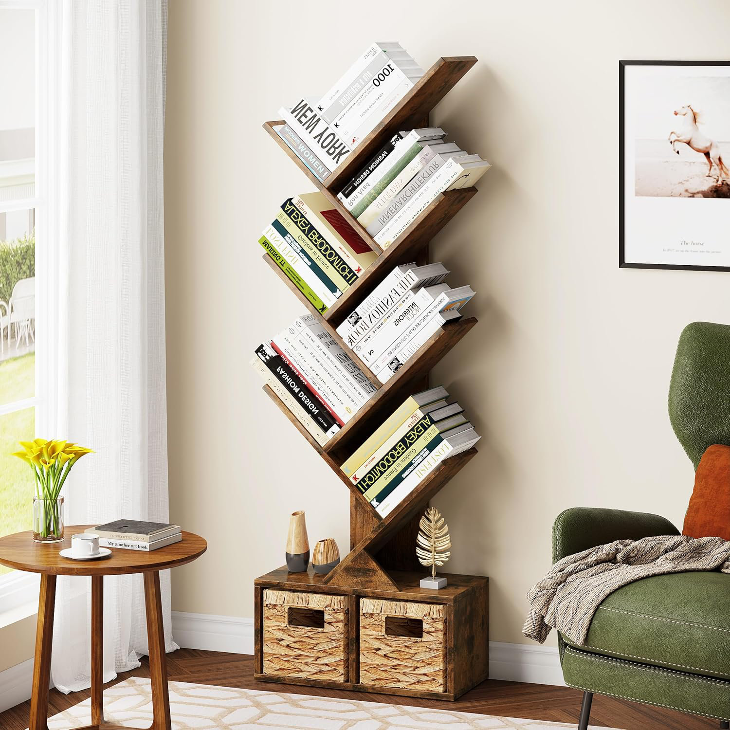 Hokku Designs Tree Bookshelf, 6 Tier Bookshelf With Storage, Tall ...