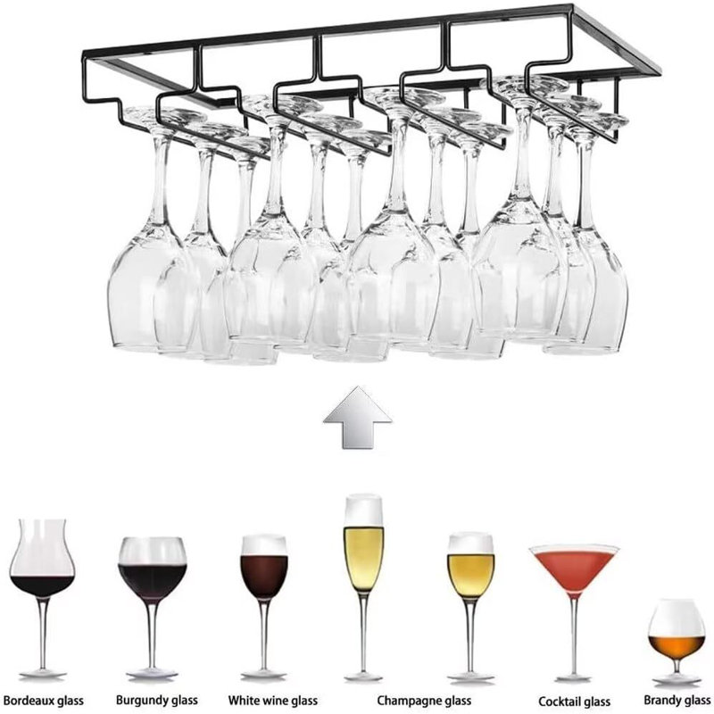 Prep & Savour Black 3 Rows Tall Wine Glass Holder, Iron Upside Down Bar ...